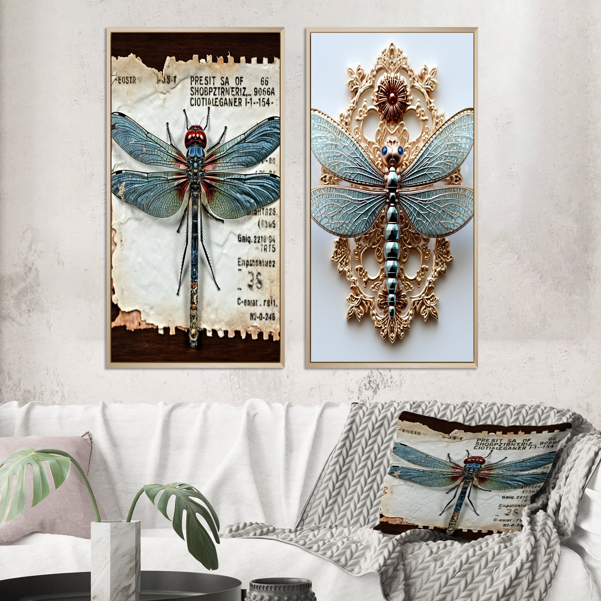 Designart "Vintage Blue Dragonfly" Animals Dragonfly Framed Wall Art ...