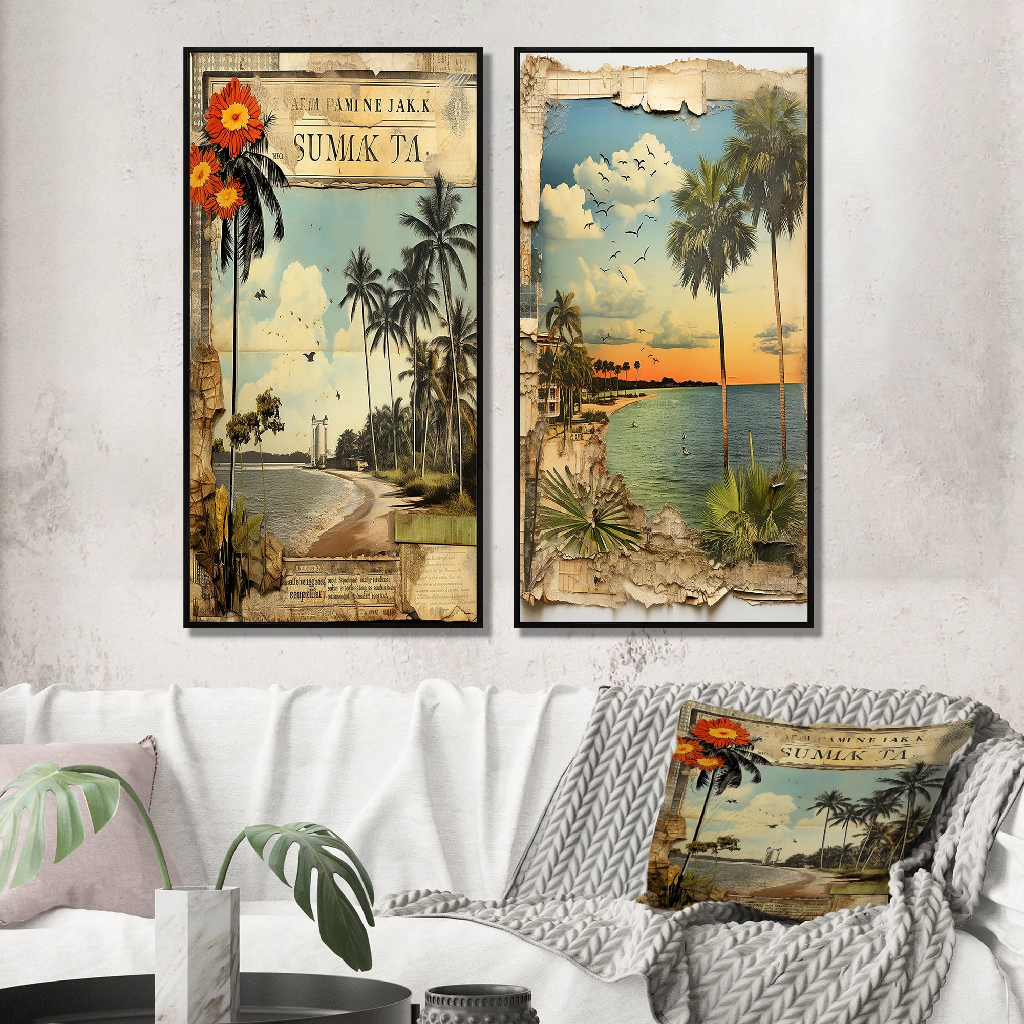 Designart "Vintage Florida Collage Palm Trees and Beach Scenes I ...