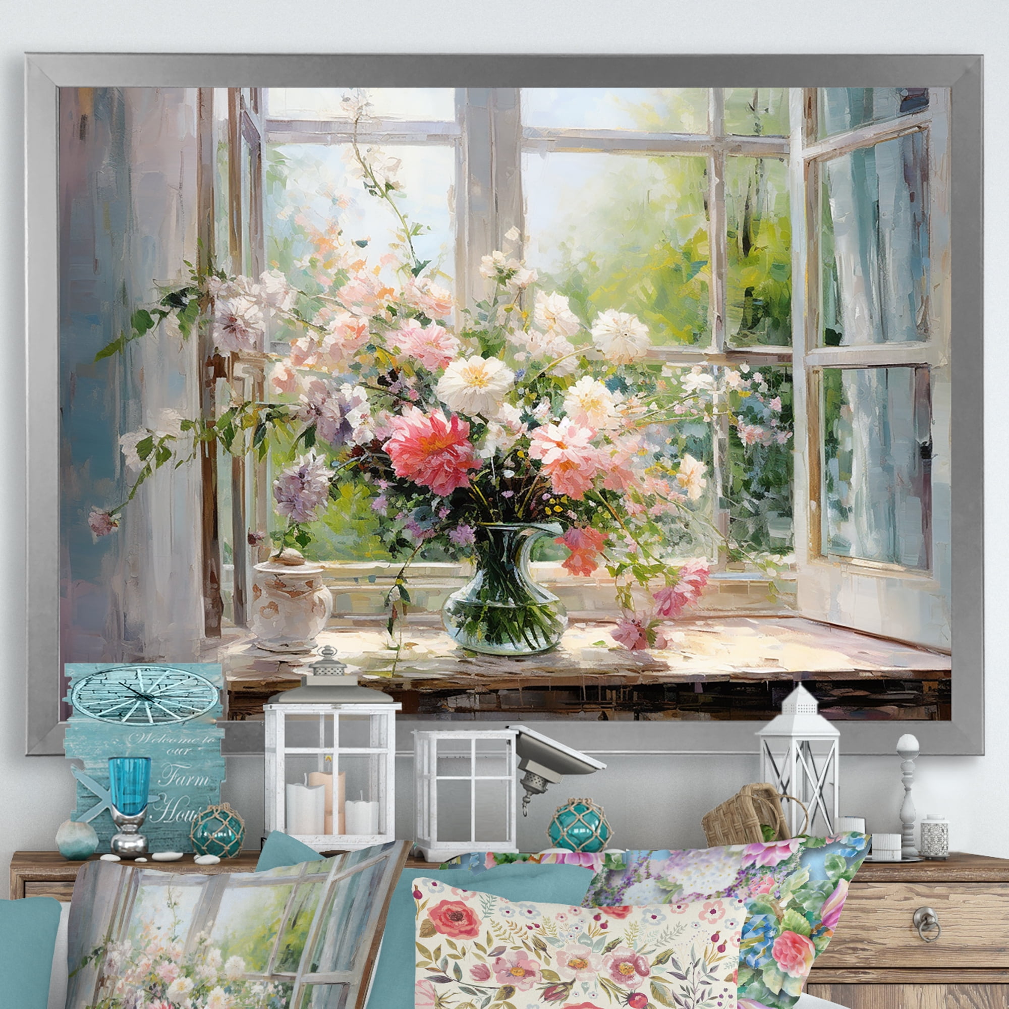 Designart "Vintage Flower View through Delicate French Windows III ...
