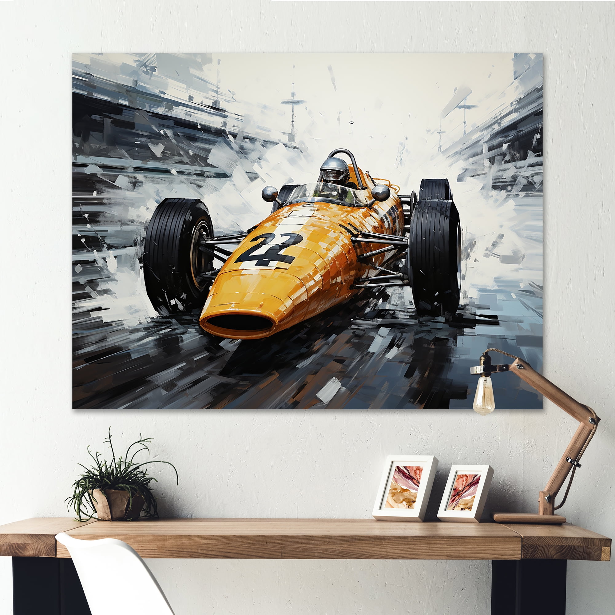 Designart "Vintage Grand Prix Racing Formula Car in Yellow and Black I ...