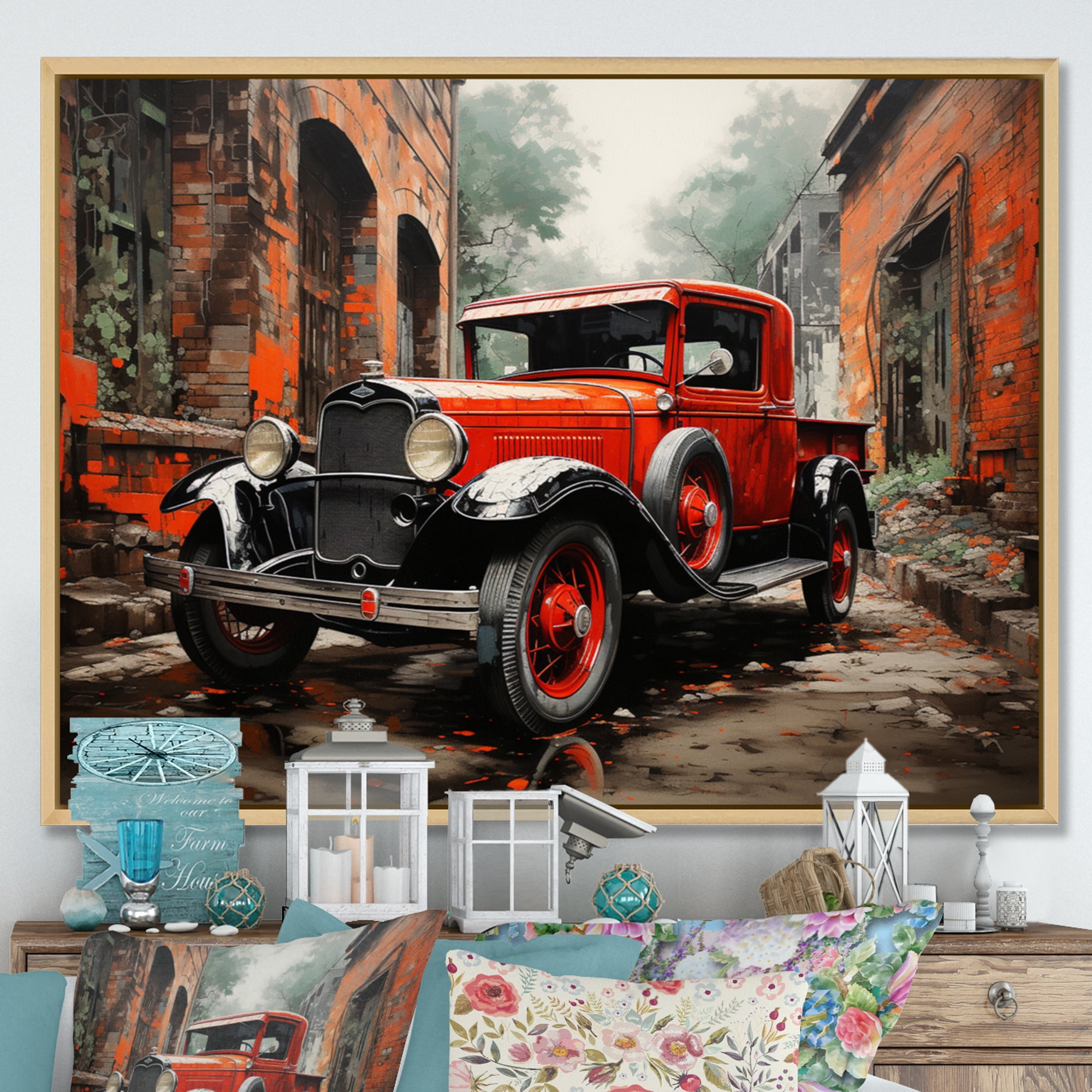 Designart "Vintage Hauler Red Pickup Truck Journey III" Transportation ...
