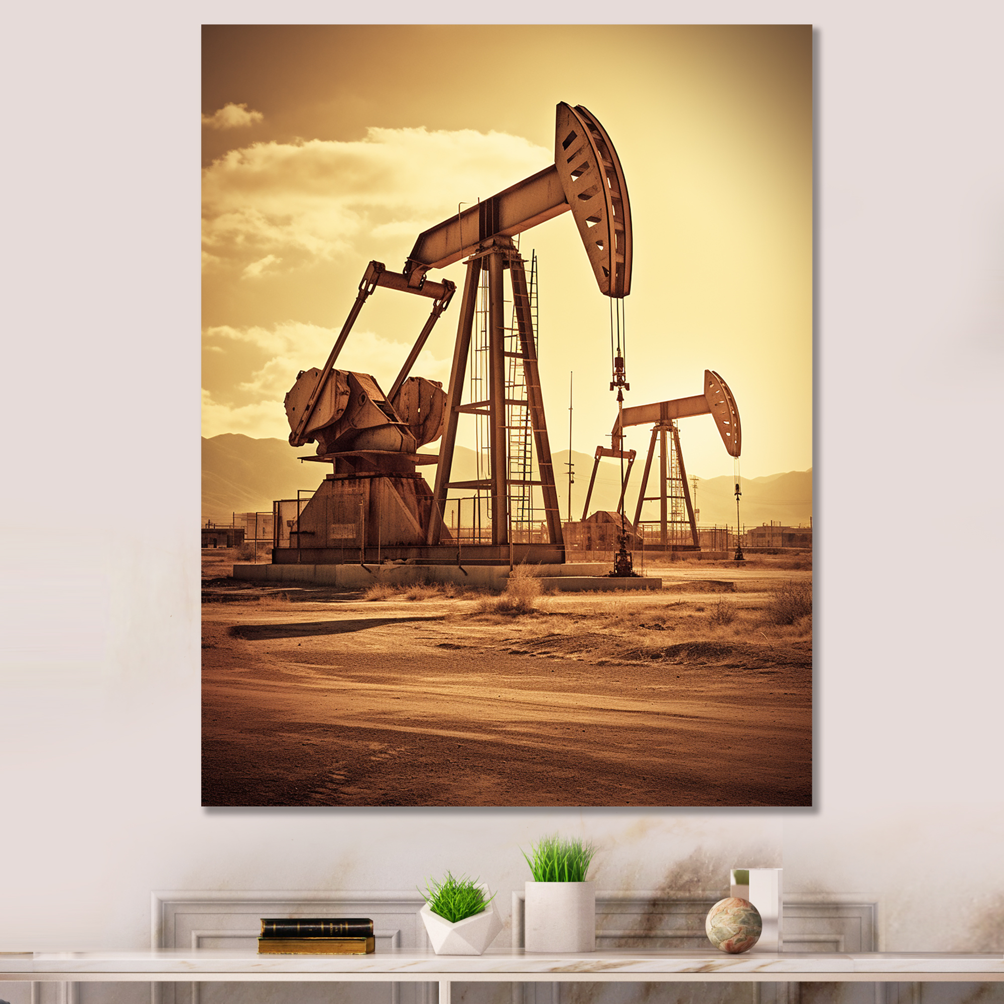 Designart "Vintage Horizon With Oil Drilling Rig" Oil Rigs / Fields ...