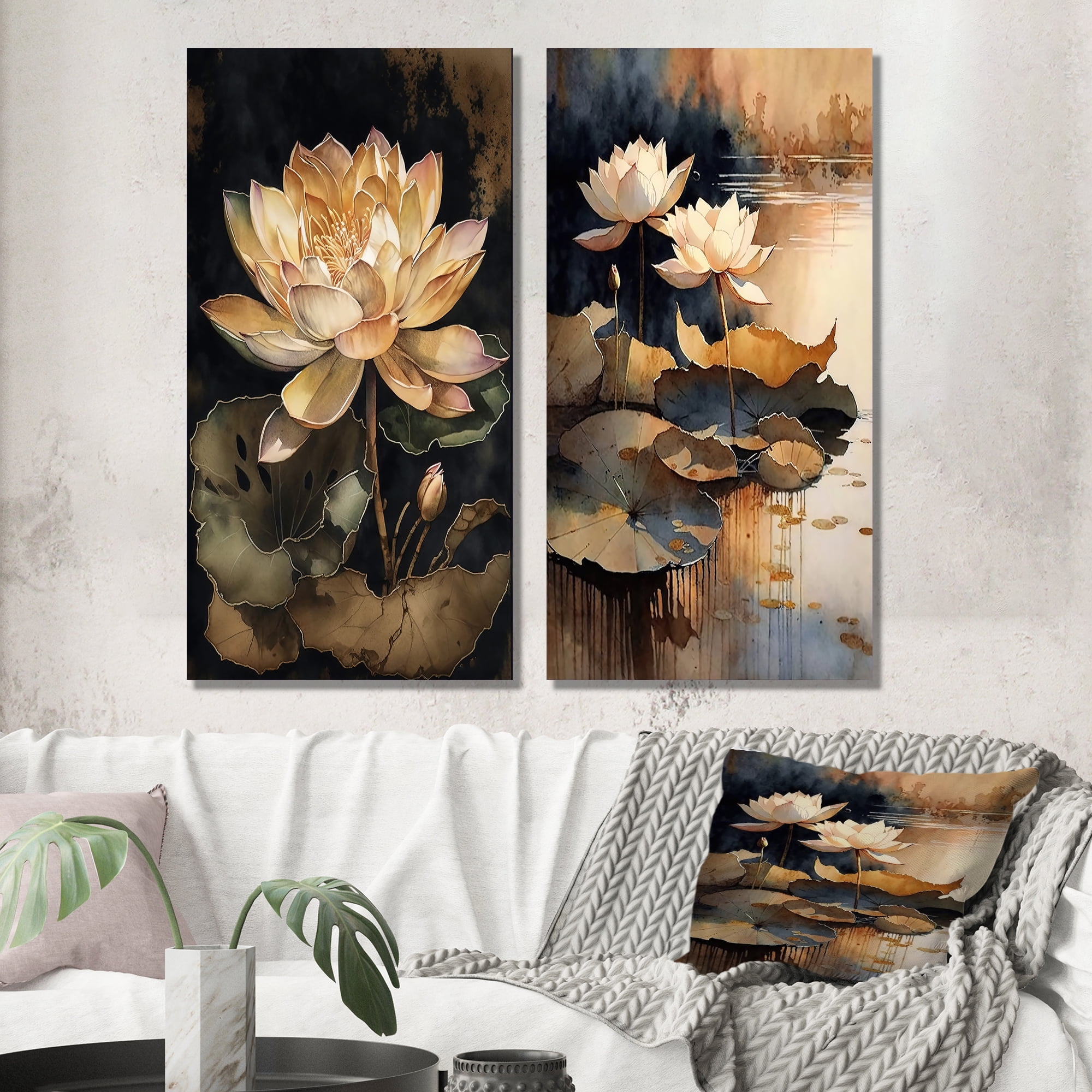 Designart "Vintage Lotus Blooming in the Pond I" Floral Lotus Wall Art ...