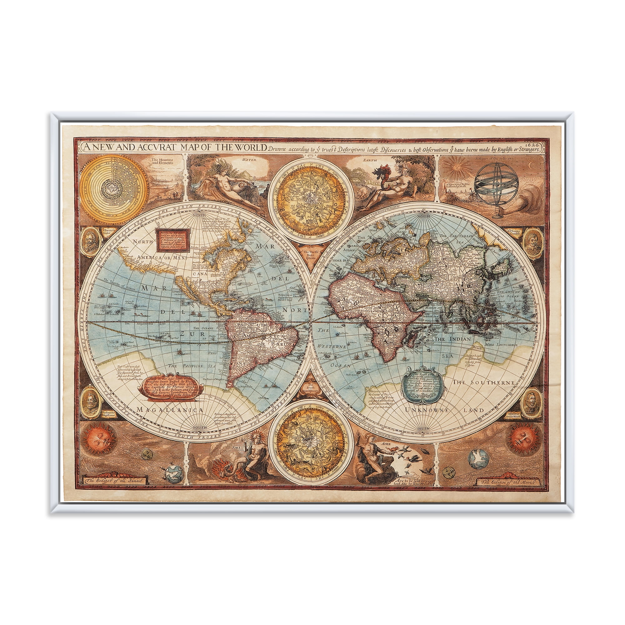 Designart 'Vintage Map of The World VIII' Vintage Framed Canvas Wall ...