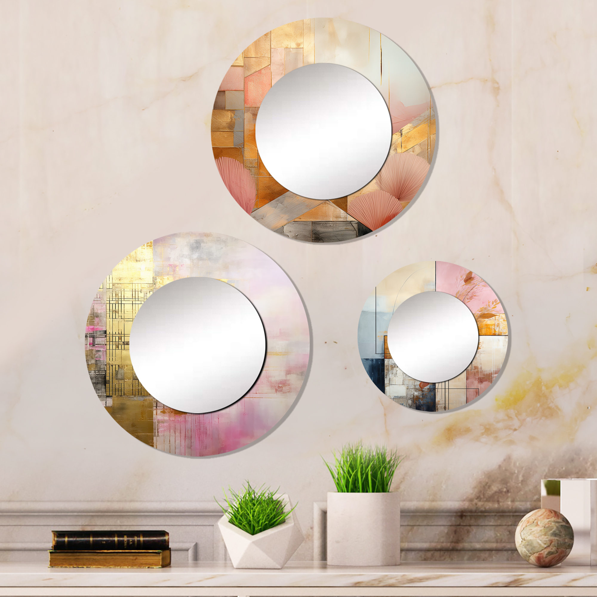 Designart "Vintage Pink Gold Allure Boho Chic II" Abstract Cubism Round ...
