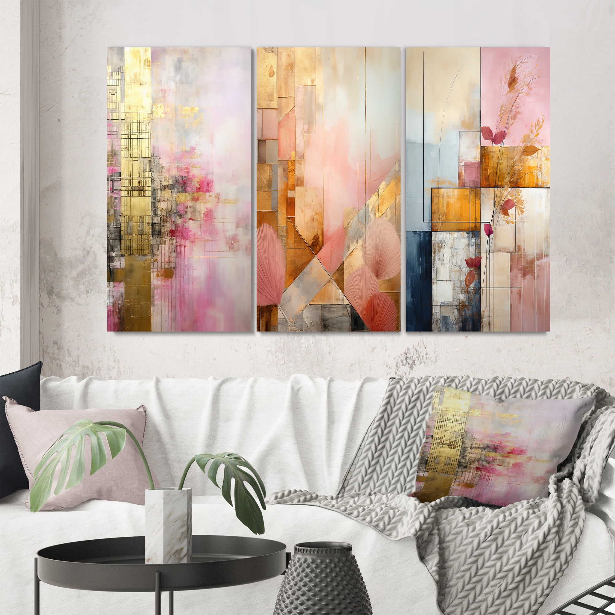 Designart "Vintage Pink Gold Allure Boho Chic II" Abstract Cubism Wall ...