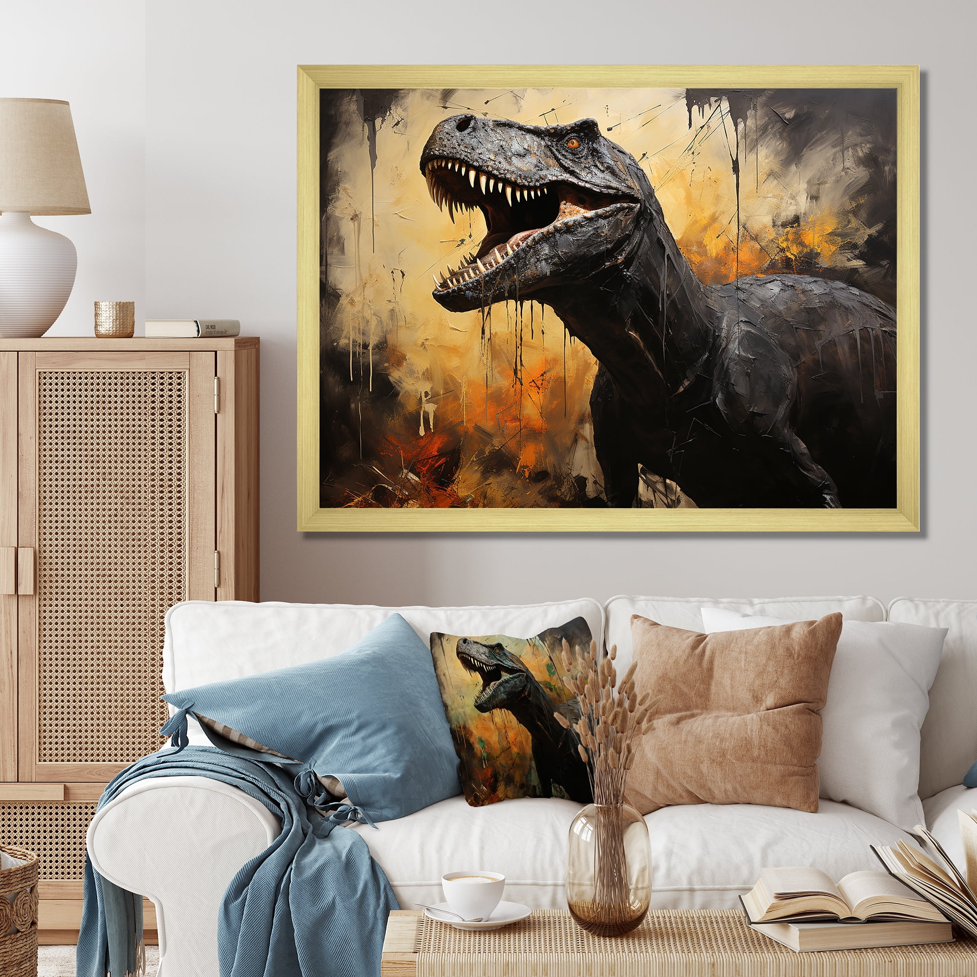 Designart "Vintage Portrait of Jurassic T-Rex II" Animals Framed Wall Art Decor - Modern Black ...