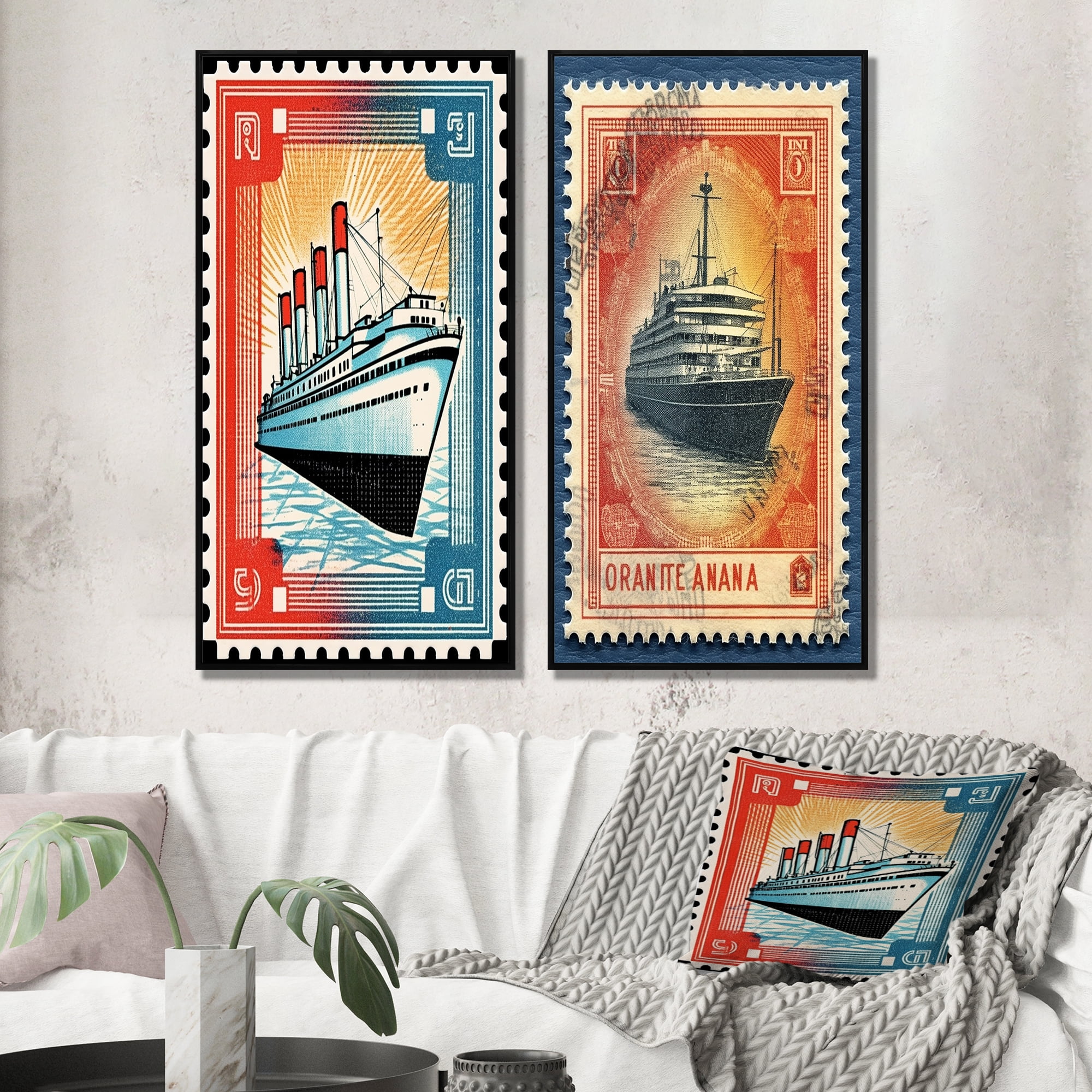 Designart "Vintage RMS Titanic Postal Stamp I" Boat Framed Wall Art Set ...