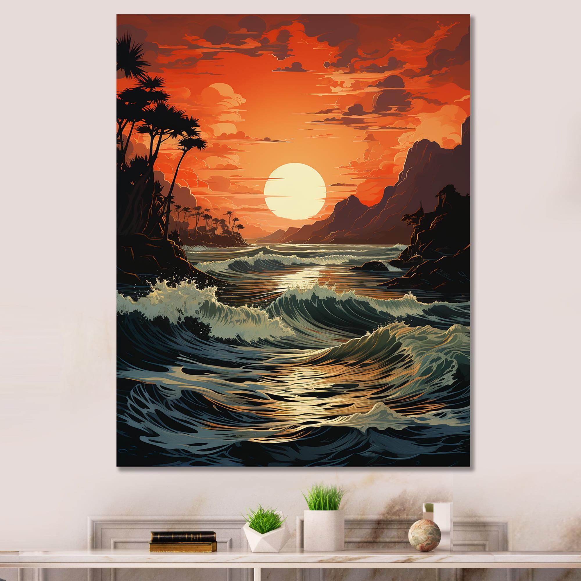 Designart "Vintage Vibes Orange and Green Beachscape II" Landscapes ...