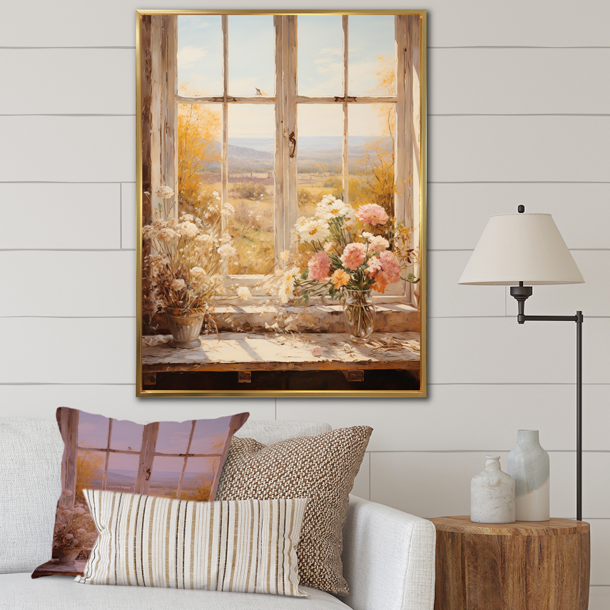 Designart "Vintage View of Floral Meadow through Windows III ...