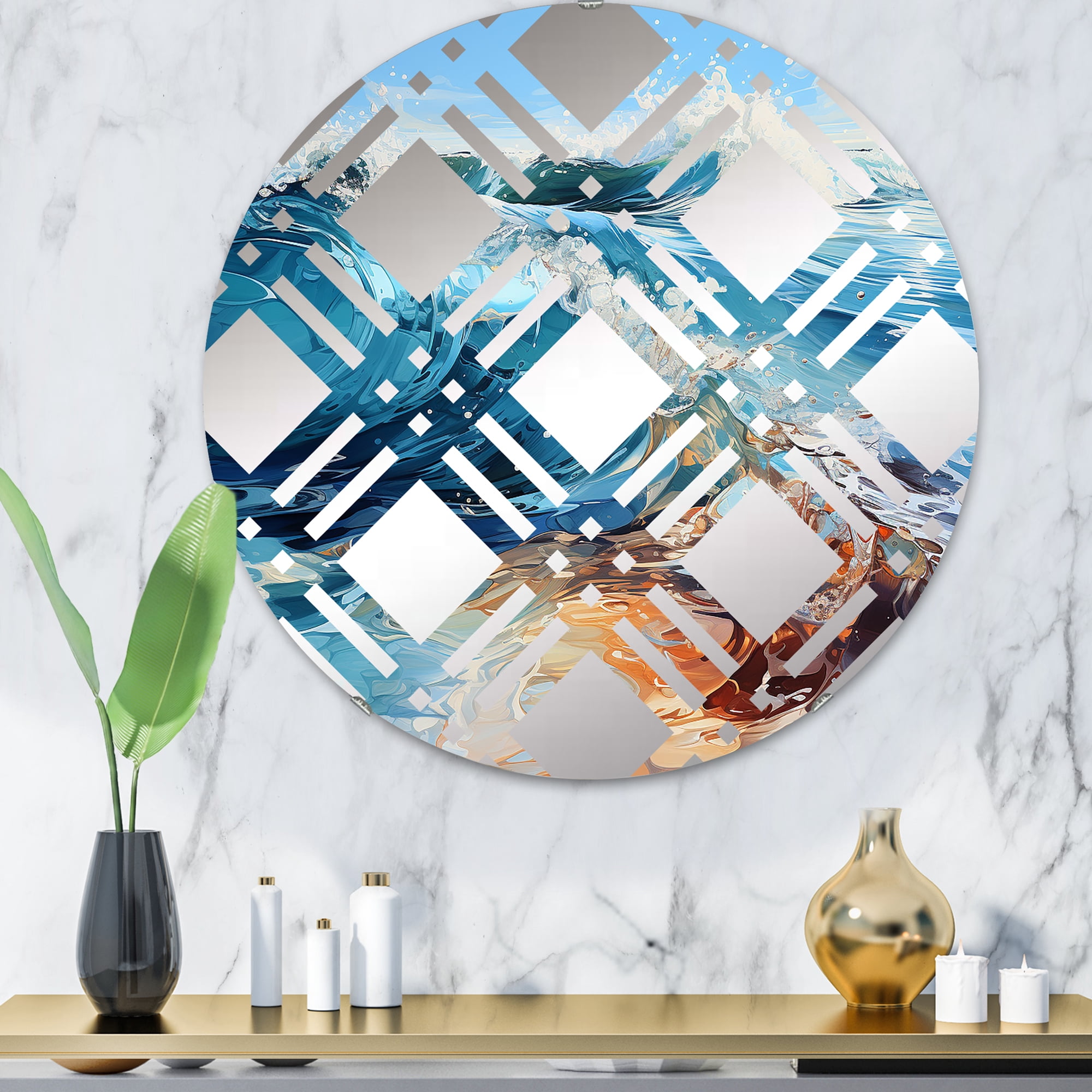 Designart "Vivid Liquid Art of Oceanic Charm" Ocean Plaid Round Wall Mirror - Coastal Oval ...