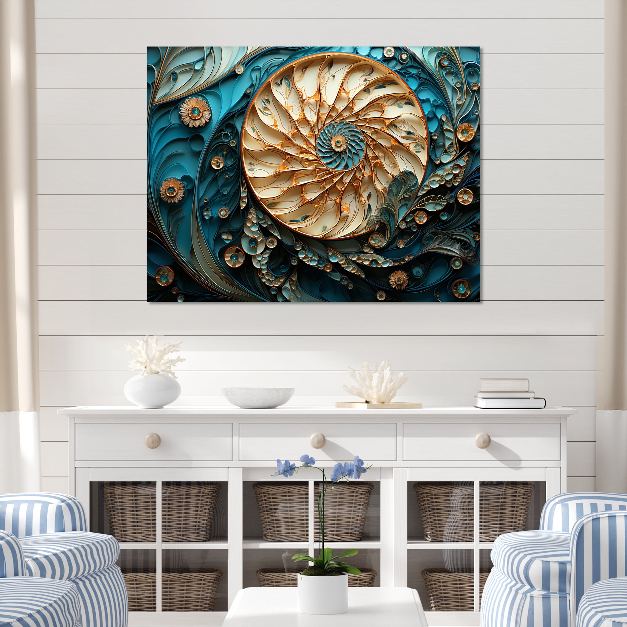Designart "Vortex Of Gold And Blue: Nautilus" Nautilus Wall Art Living ...