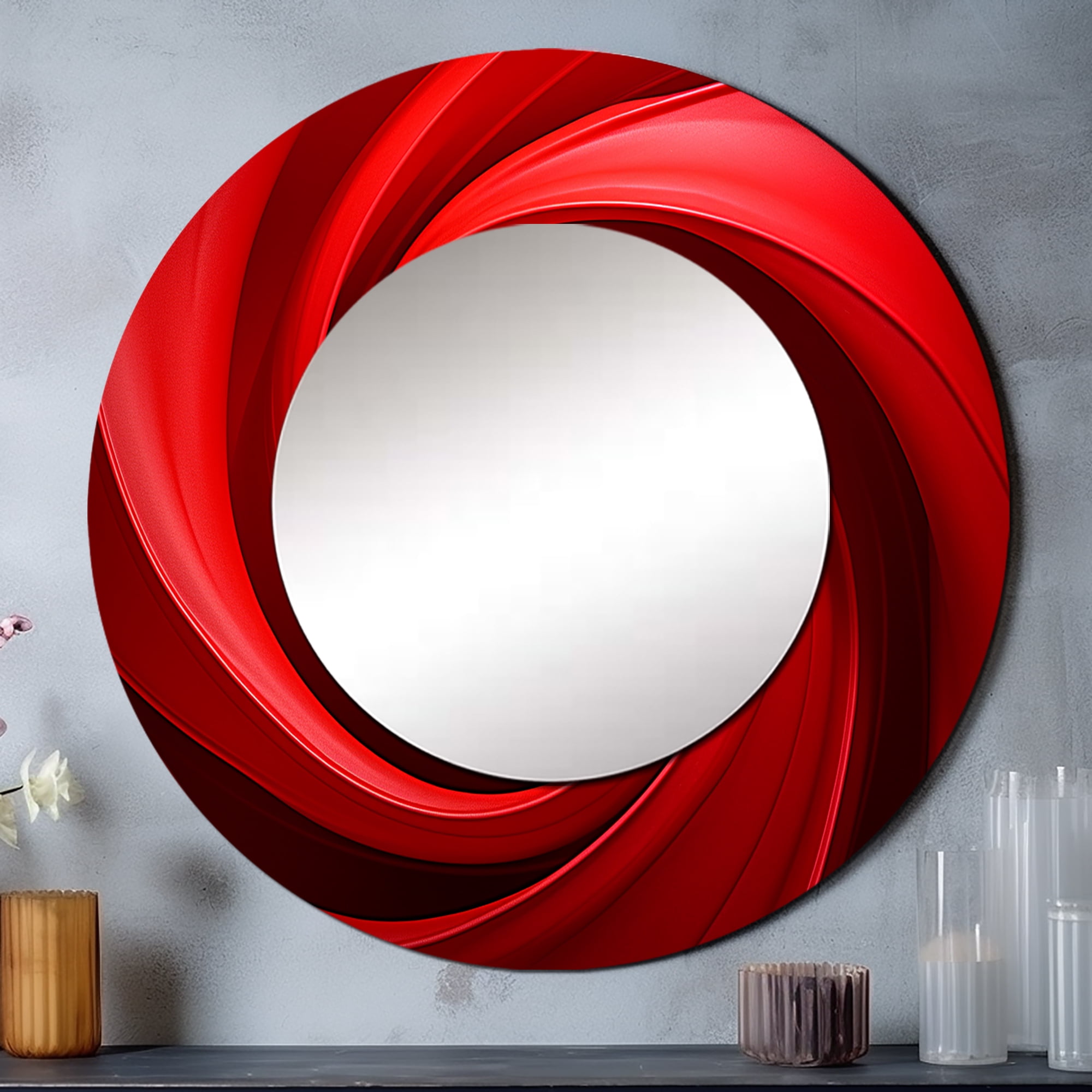 Designart "Vortex Of Red Perpetual Pulse" Abstract Spirals Round Mirror ...