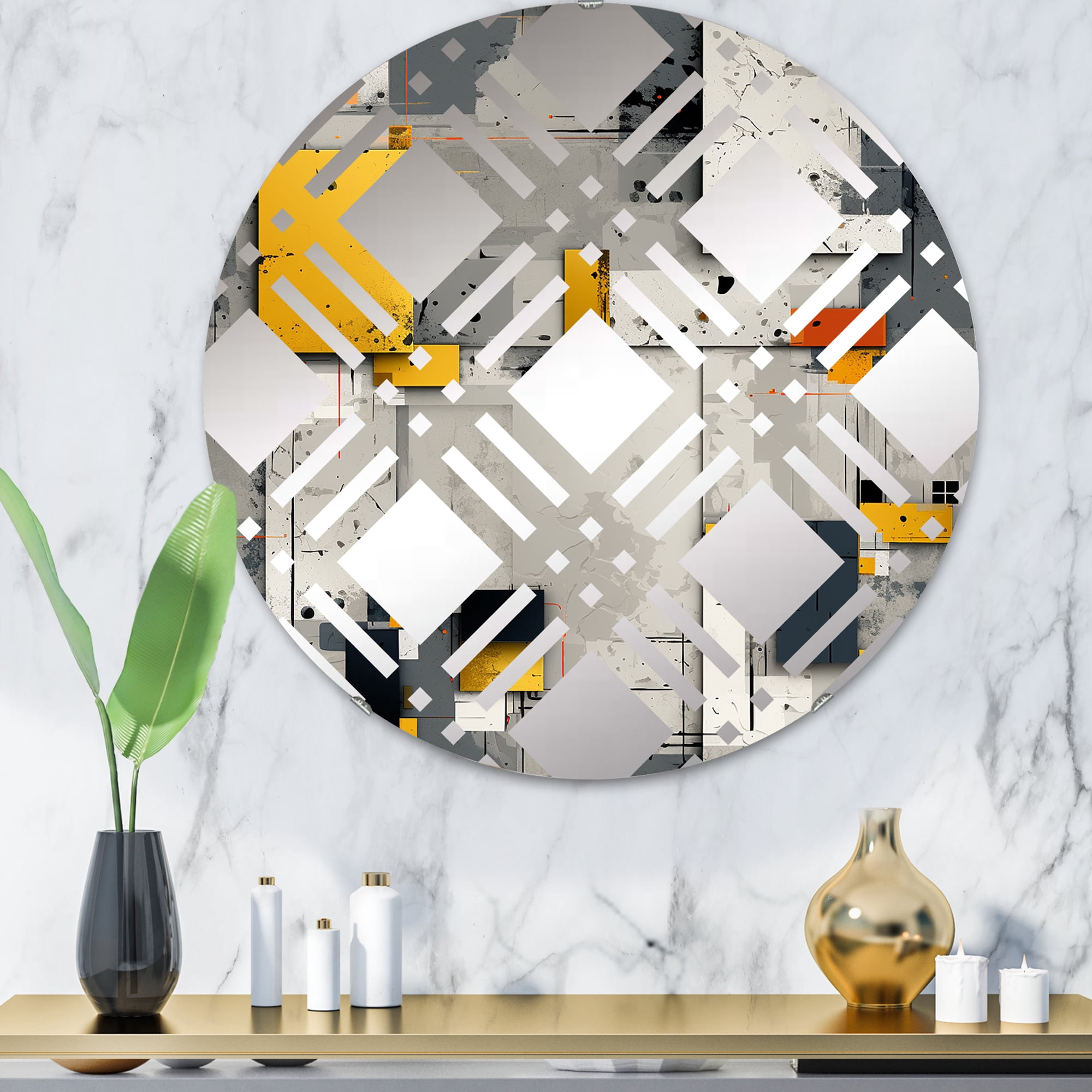 Designart "Wall Pattern with Grey Cubic Stripes I" Striped Plaid Round ...