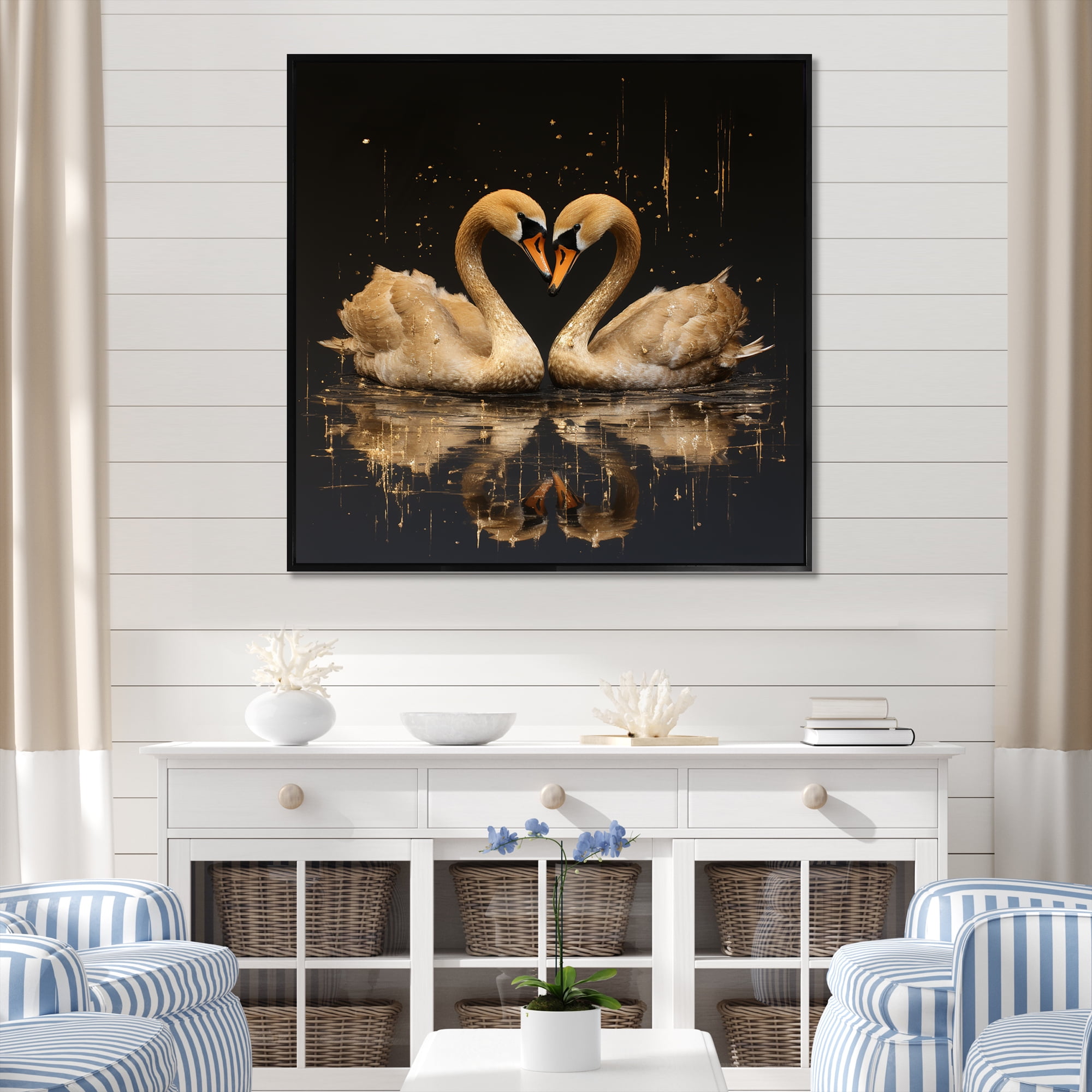 Designart "Wandering Golden Swans at the Pond I" Animals Framed Wall ...