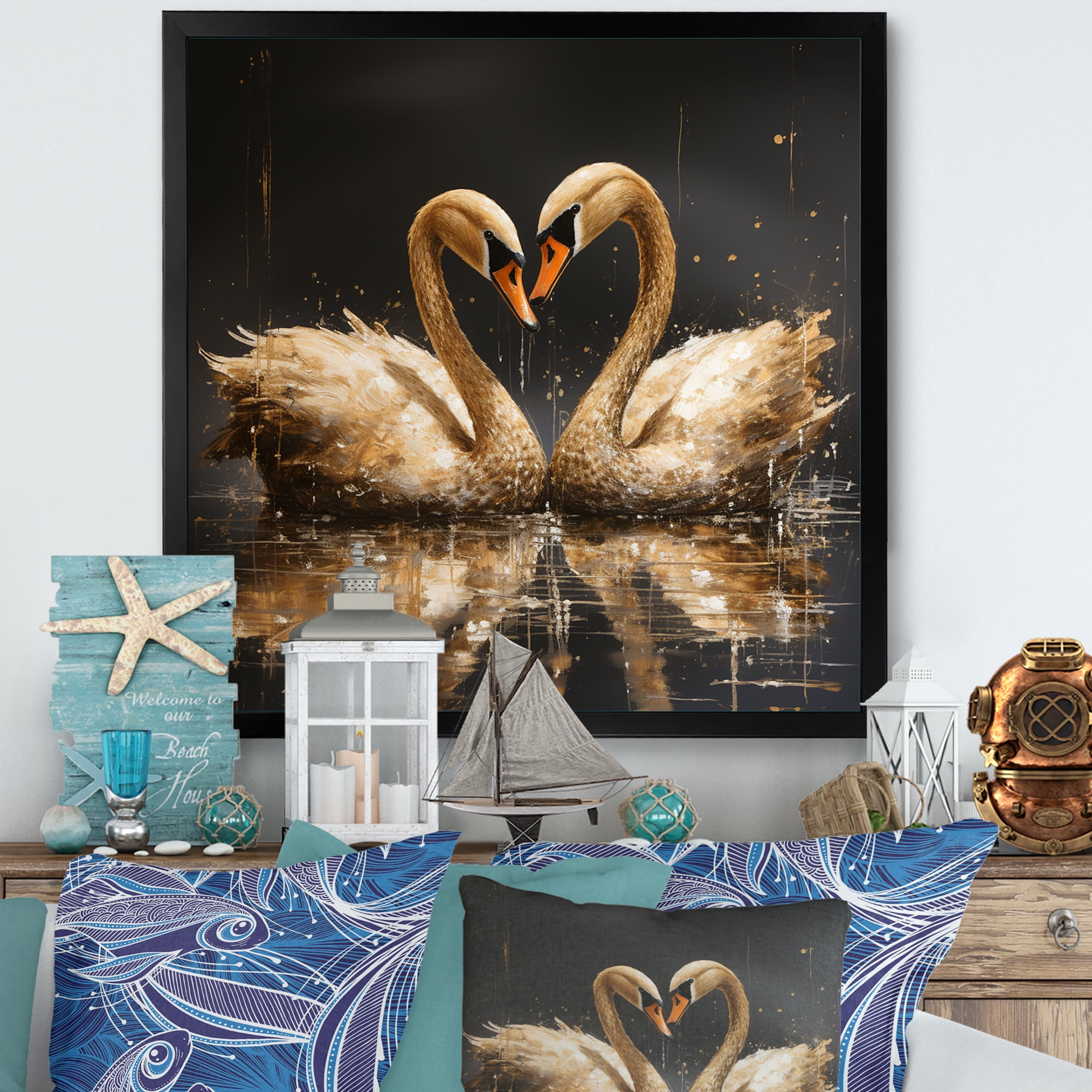 Designart "Wandering Golden Swans at the Pond II" Animals Framed Wall ...