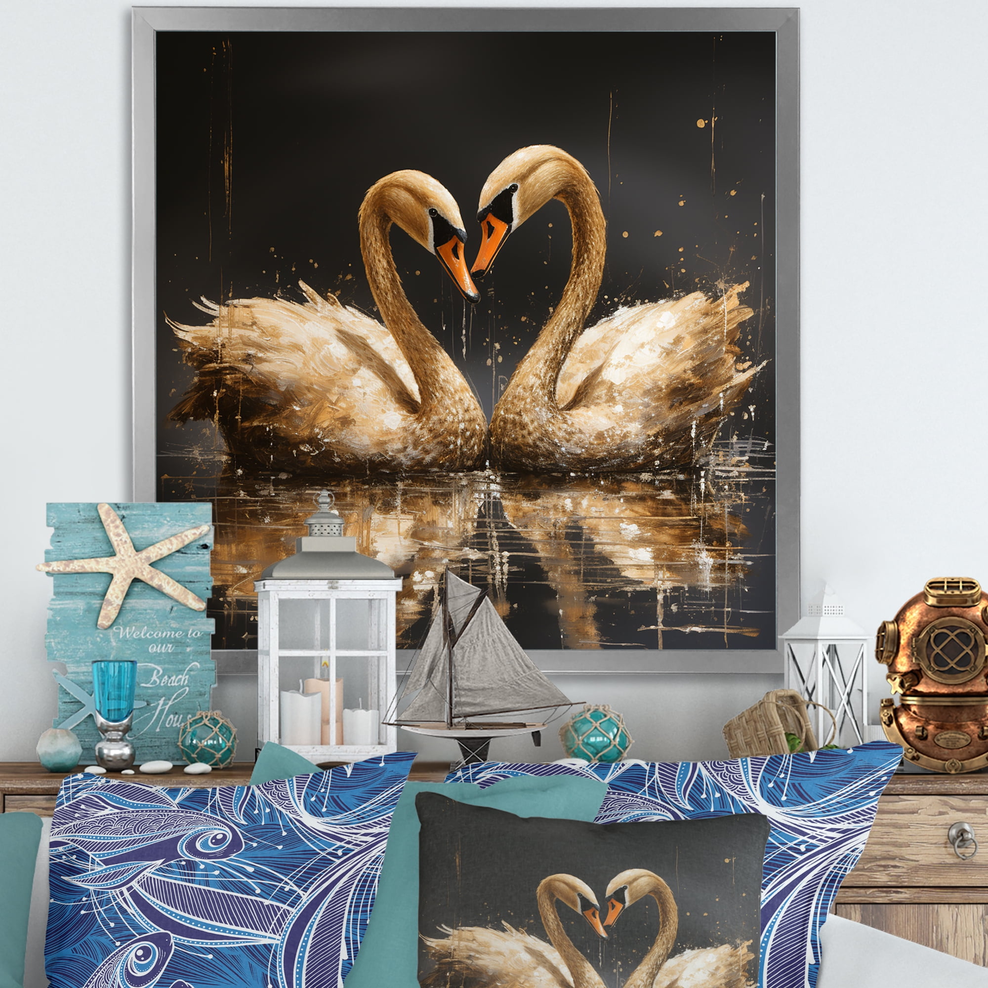 Designart "Wandering Golden Swans at the Pond II" Animals Framed Wall ...