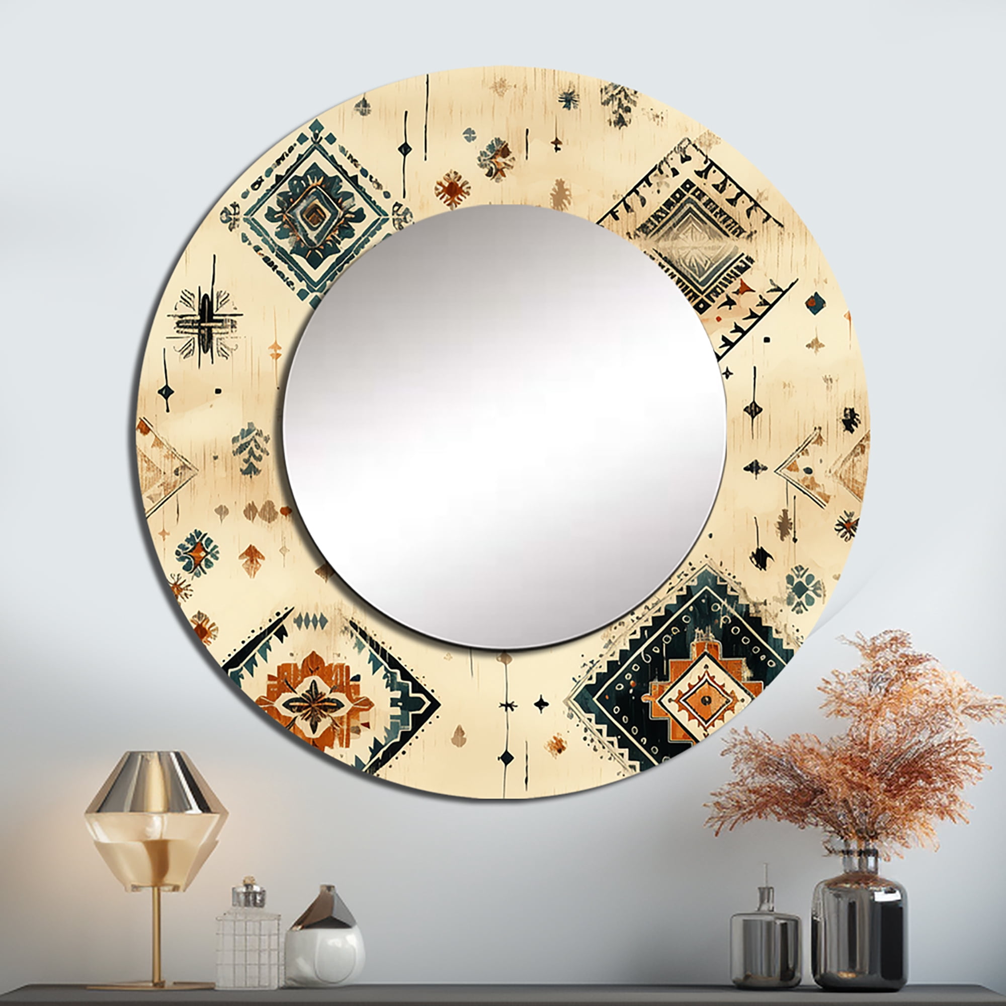 Designart "Wanderlust In Beige" Geometric Beige Large Round Mirror ...