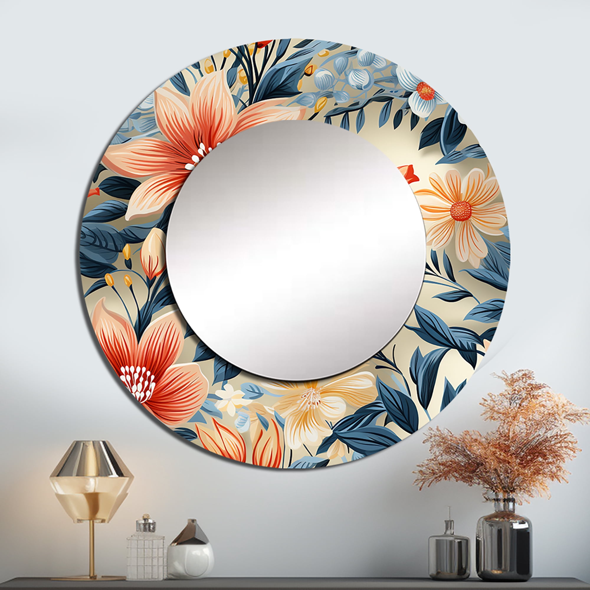 Designart "Warm Terracotta Floral Elegance II" Floral Rund Mirror For ...