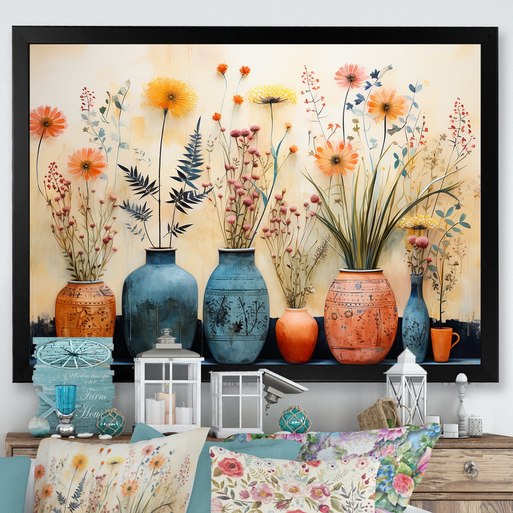 Designart "Watercolor Depiction of Floral Pottery in Blue IV" Geometric ...