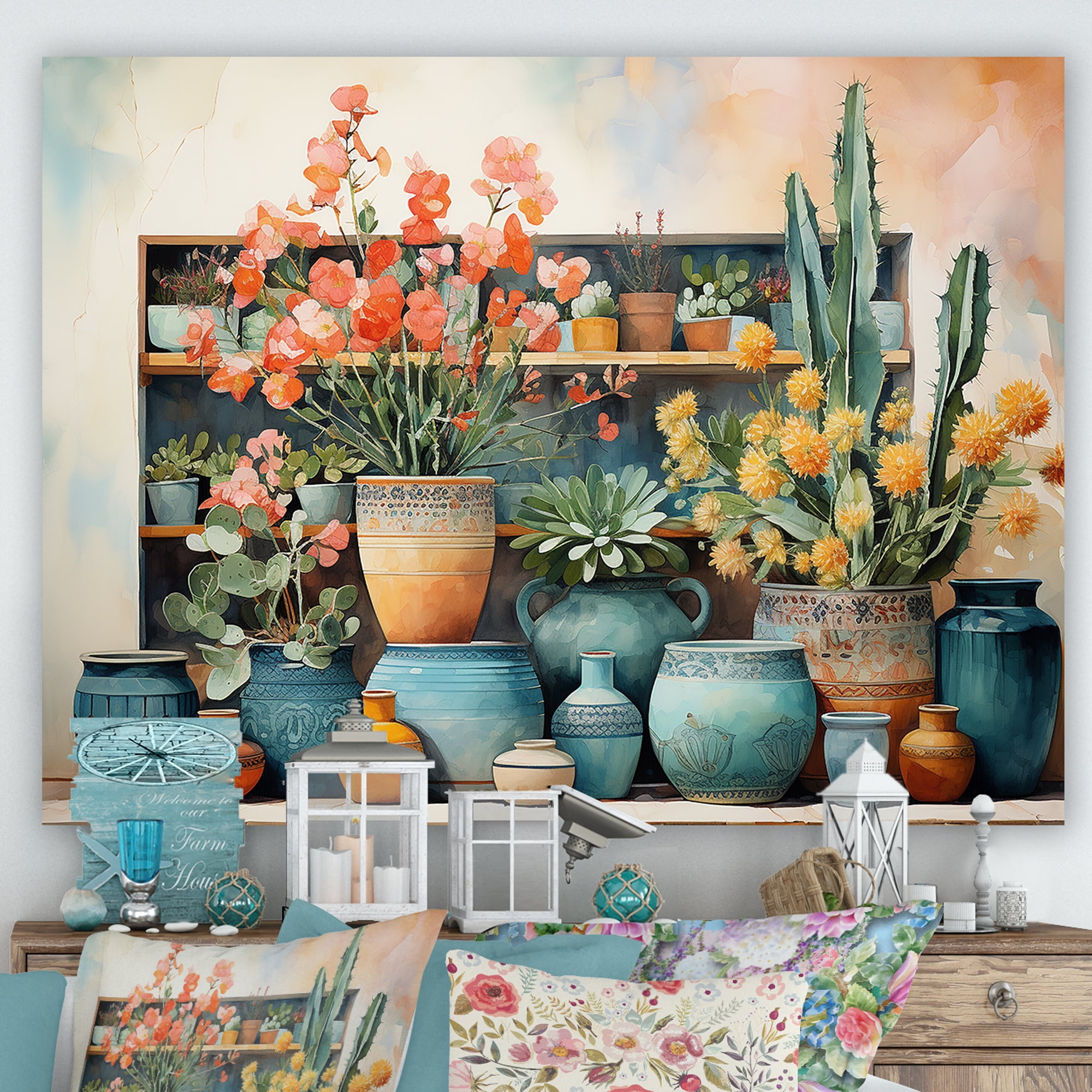 Designart "Watercolor Depiction of Floral Pottery in Blue I" Geometric ...