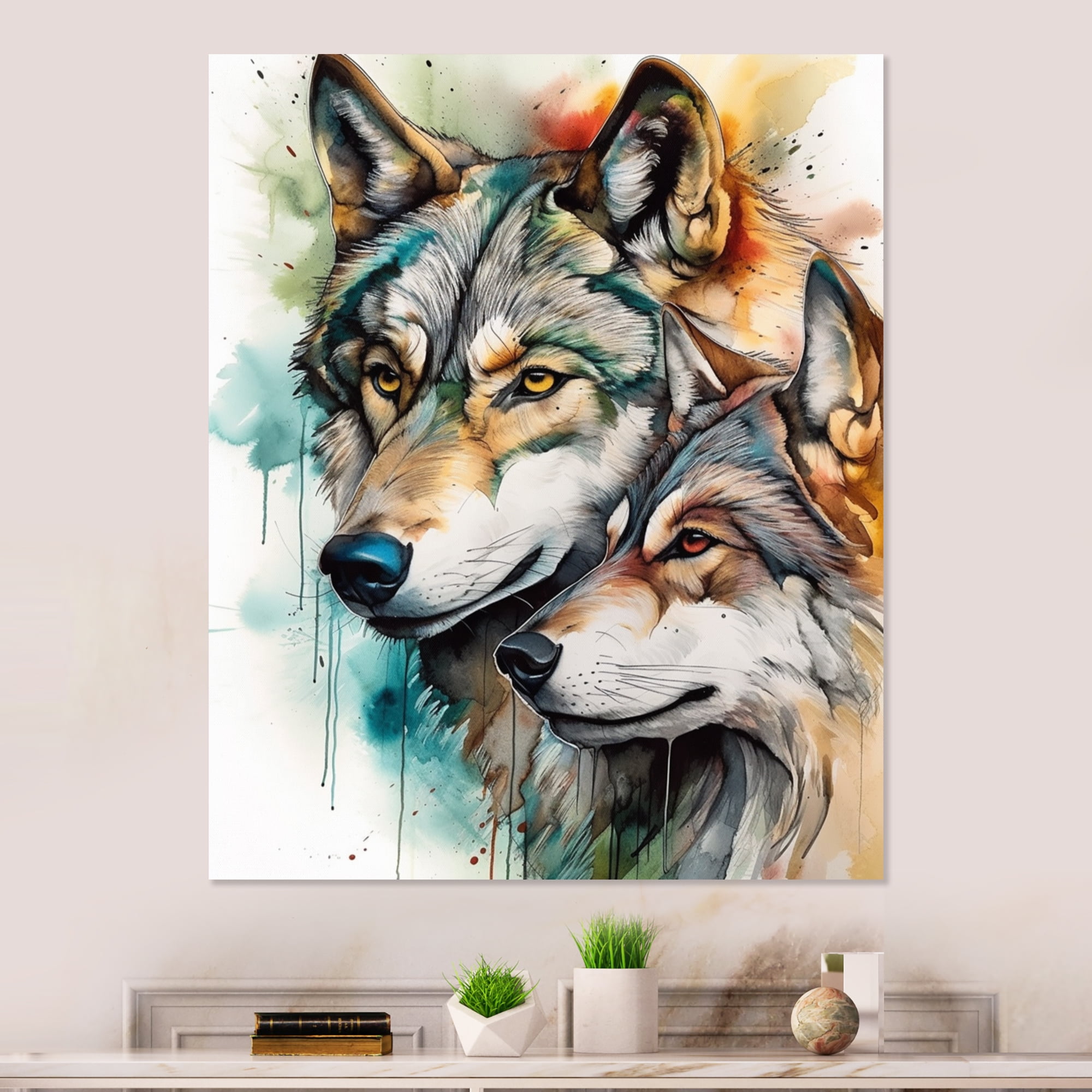 Designart "Watercolor Portrait of Wolves (1)" Animals Wolf Metal Art ...