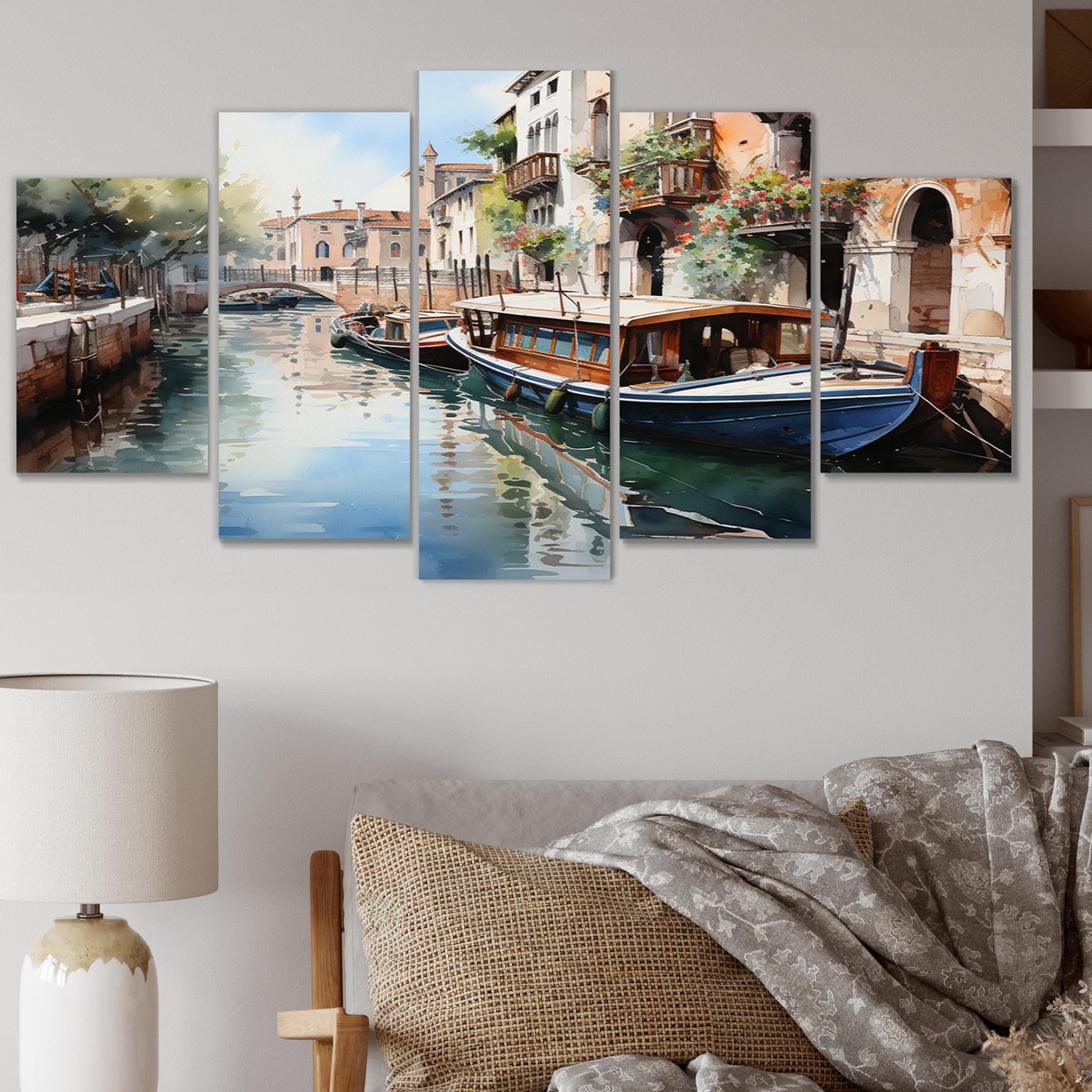 Designart "Watercolor Whimsy Beige Canal art painting I" Canals Metal ...