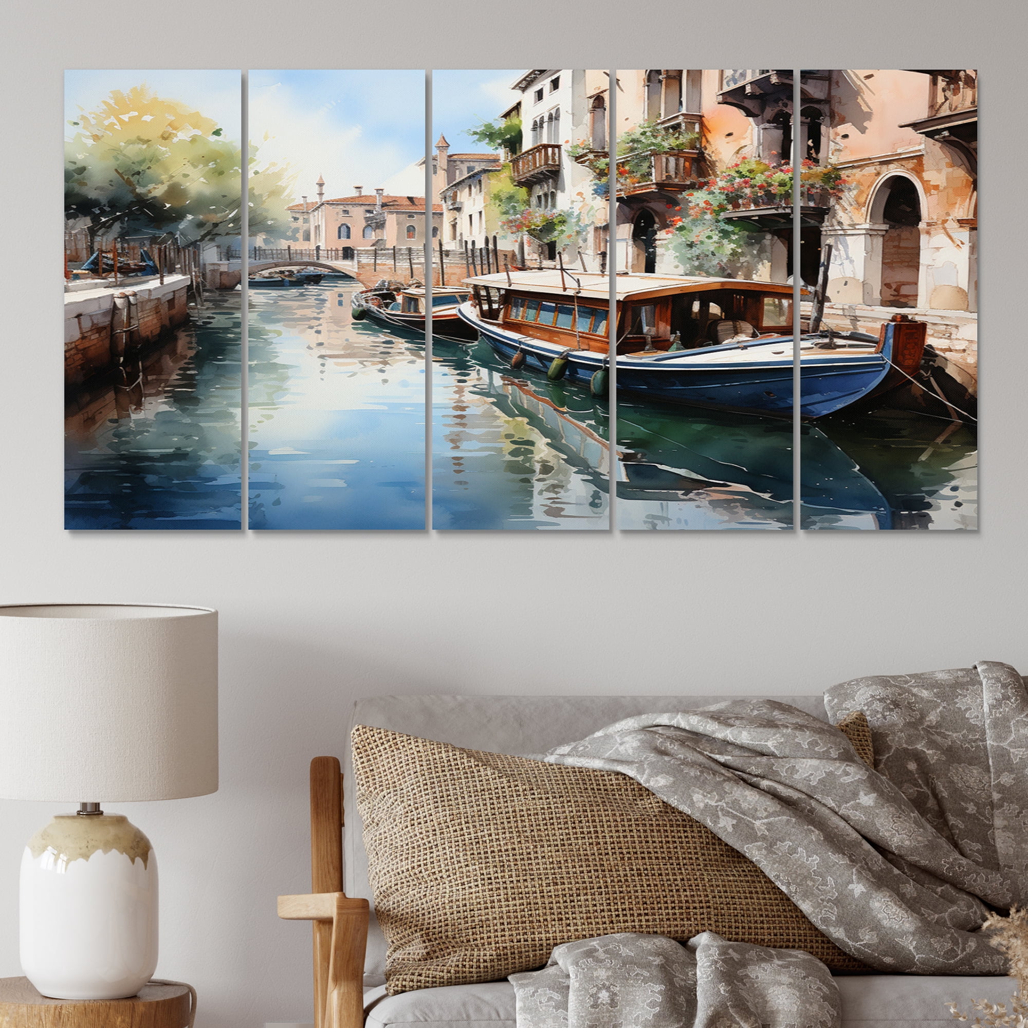 Designart "Watercolor Whimsy Beige Canal art painting I" Canals Metal ...