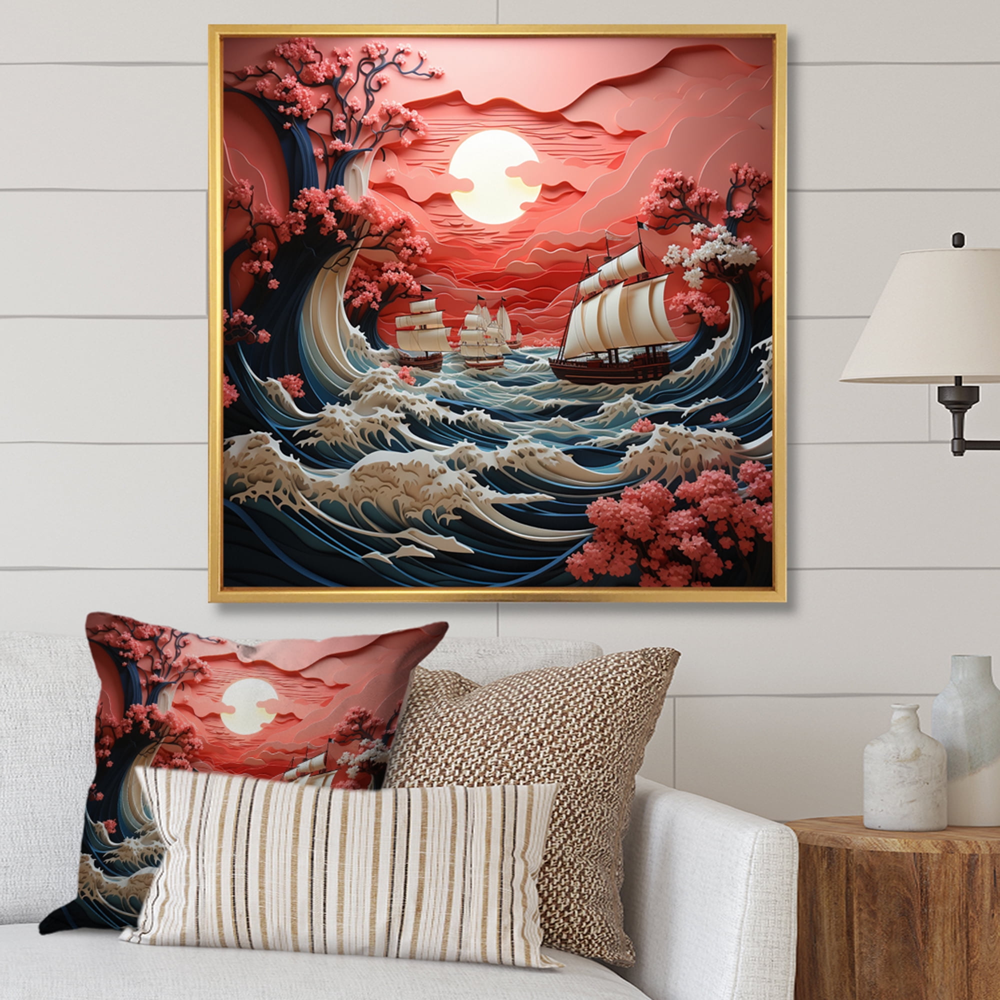 Designart "Waves Papercut Japon Coral wall decor I" Japanese Floater ...