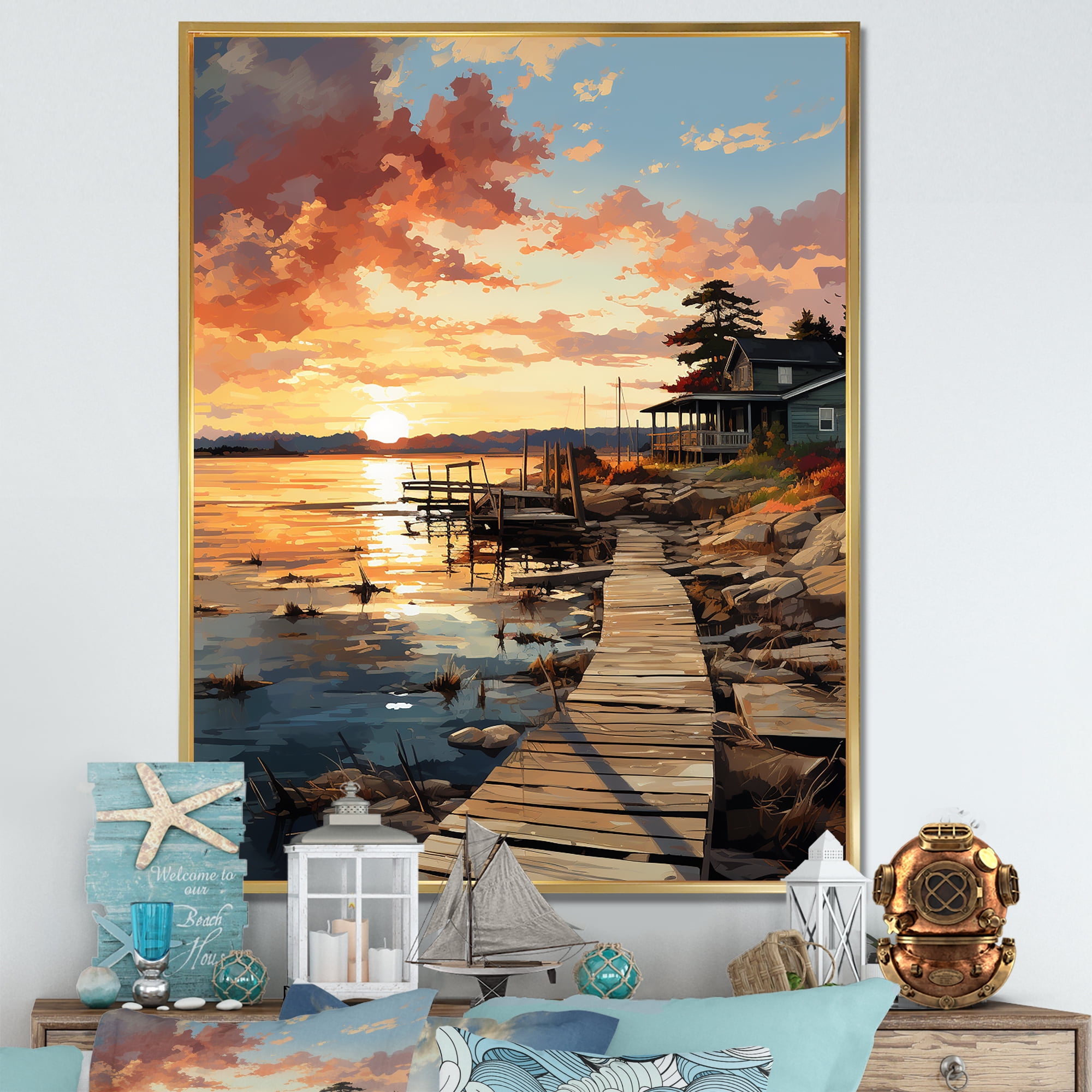 Designart "Weathered Pier and Dock" Nautical & Beach Floater Framed ...