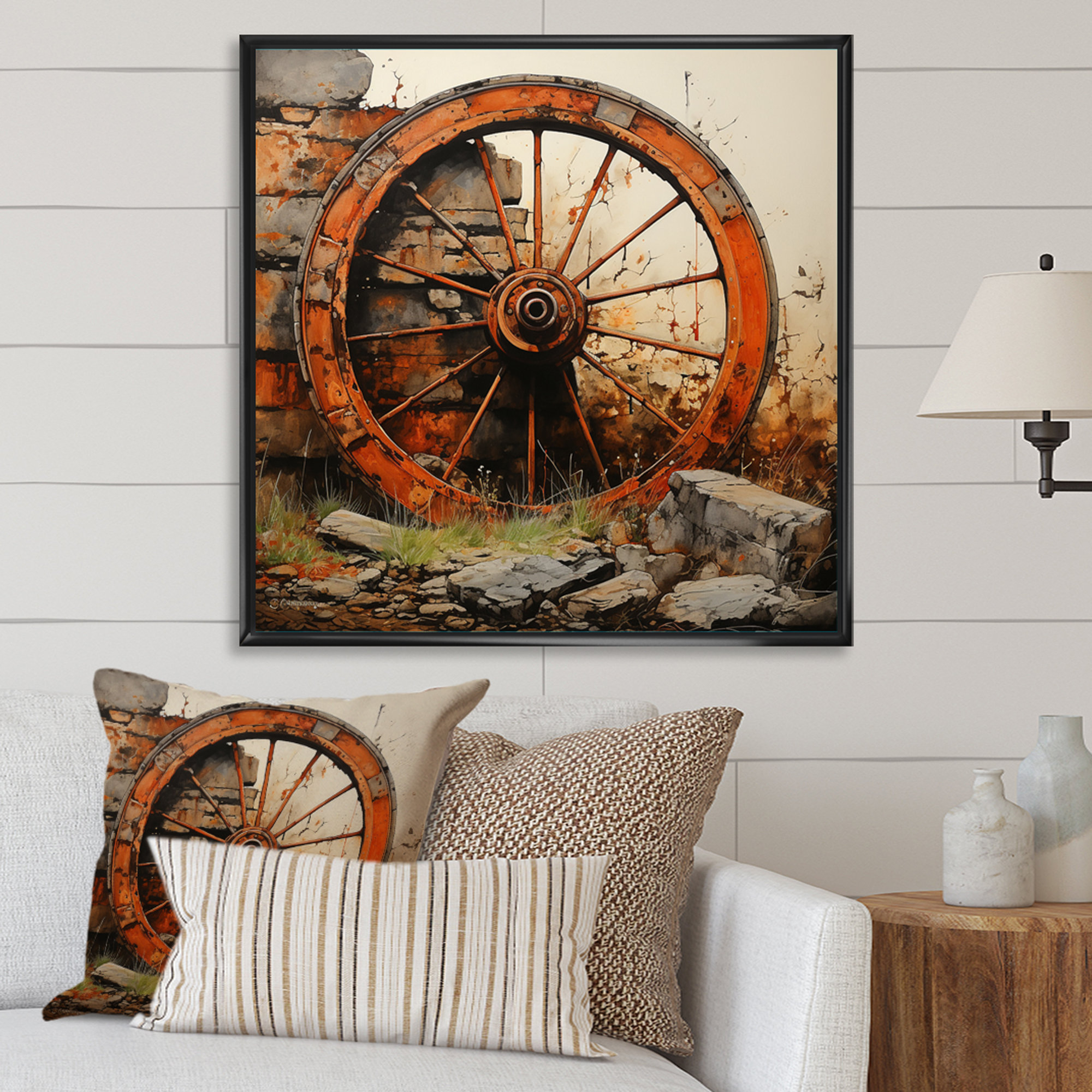 Designart "Wheels of Time The Old Cart in Orange II" Transportation ...
