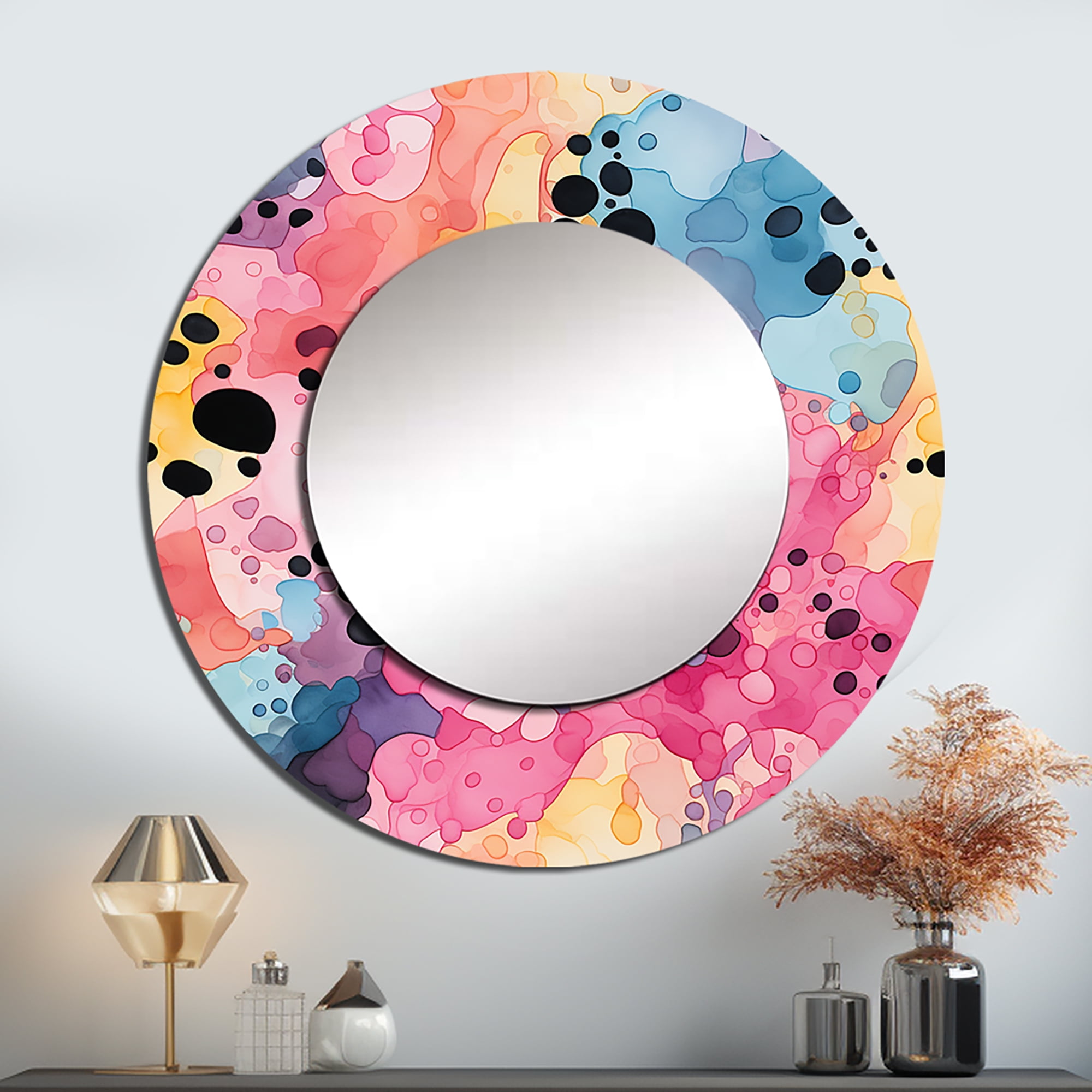 Designart "Whimsical Pink-Blue Watercolor" Abstract Round Mirror Wall ...