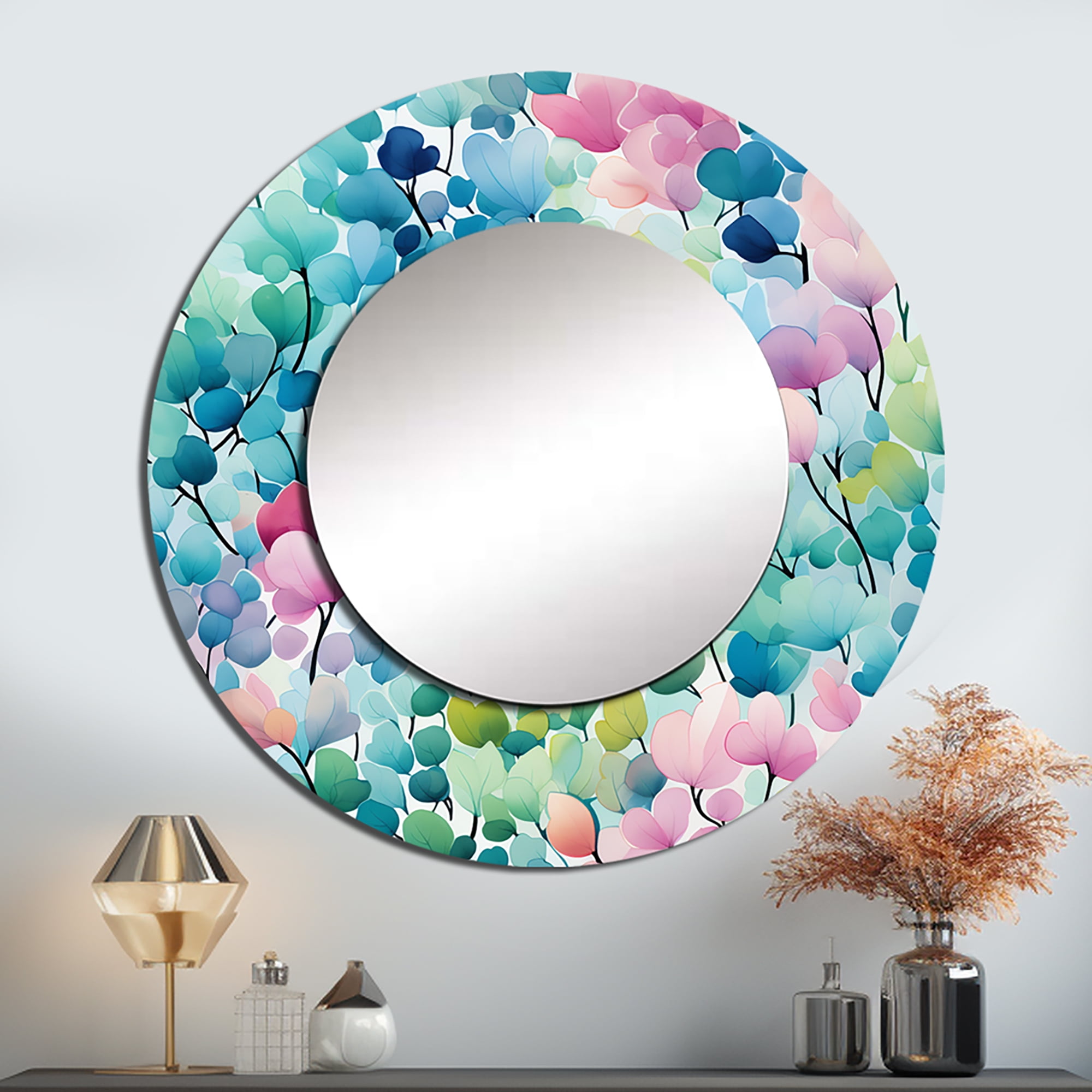 Designart "Whimsical Pink-Blue Watercolor II" Abstract Rund Mirror For ...