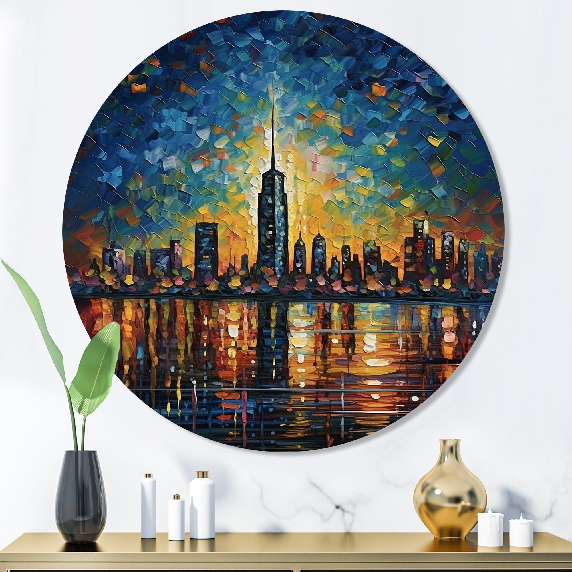 Designart "Whimsical Skyline Colorful I" City Art Deco Metal Round Art ...