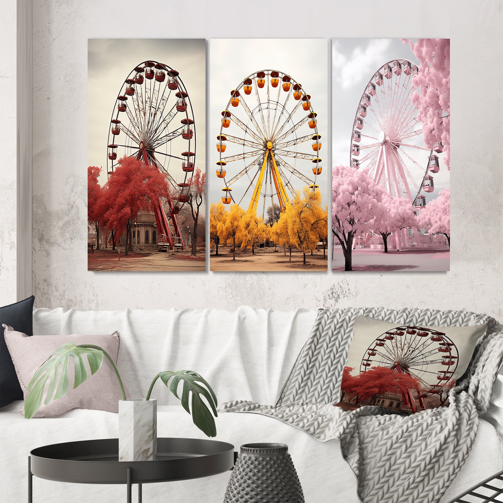 Designart "Whirling Memories Red Ferris Wheel" Cityscapes Wall Art Set ...