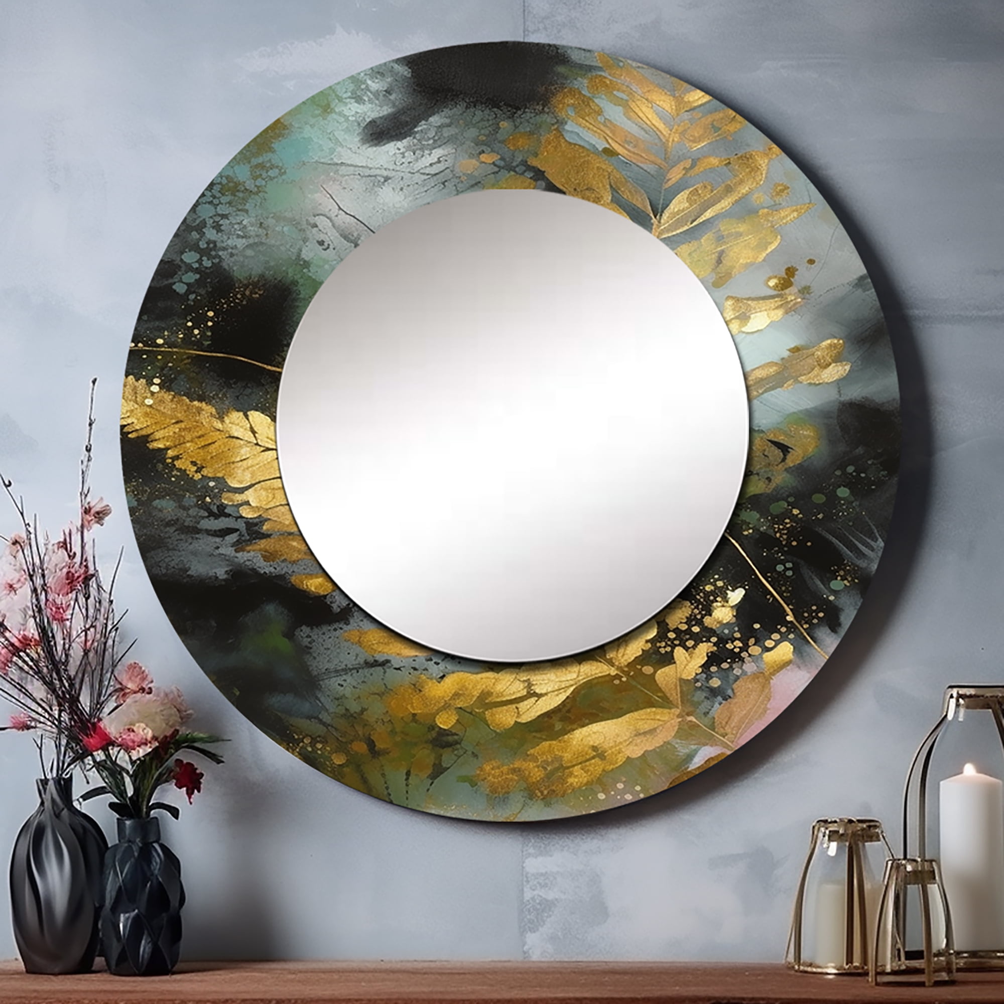 Designart "Whispers of Gold Ferns" Floral Ferns Rund Mirror For Wall ...