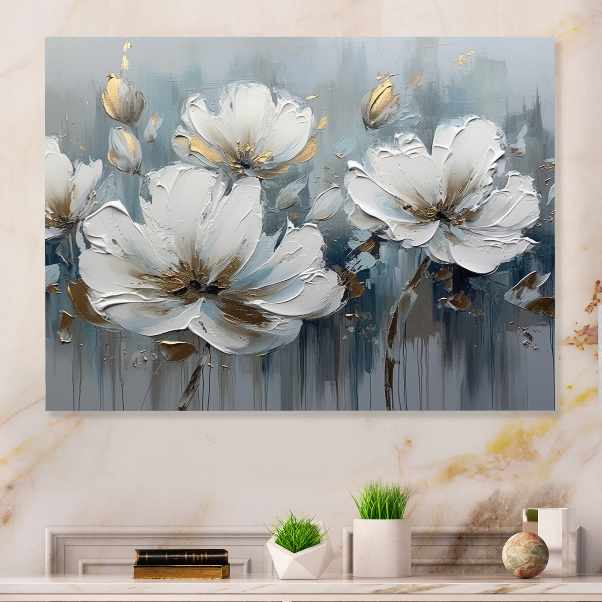 Designart "White And Gold Daisy Symphony V" Floral Daisy Canvas Print ...