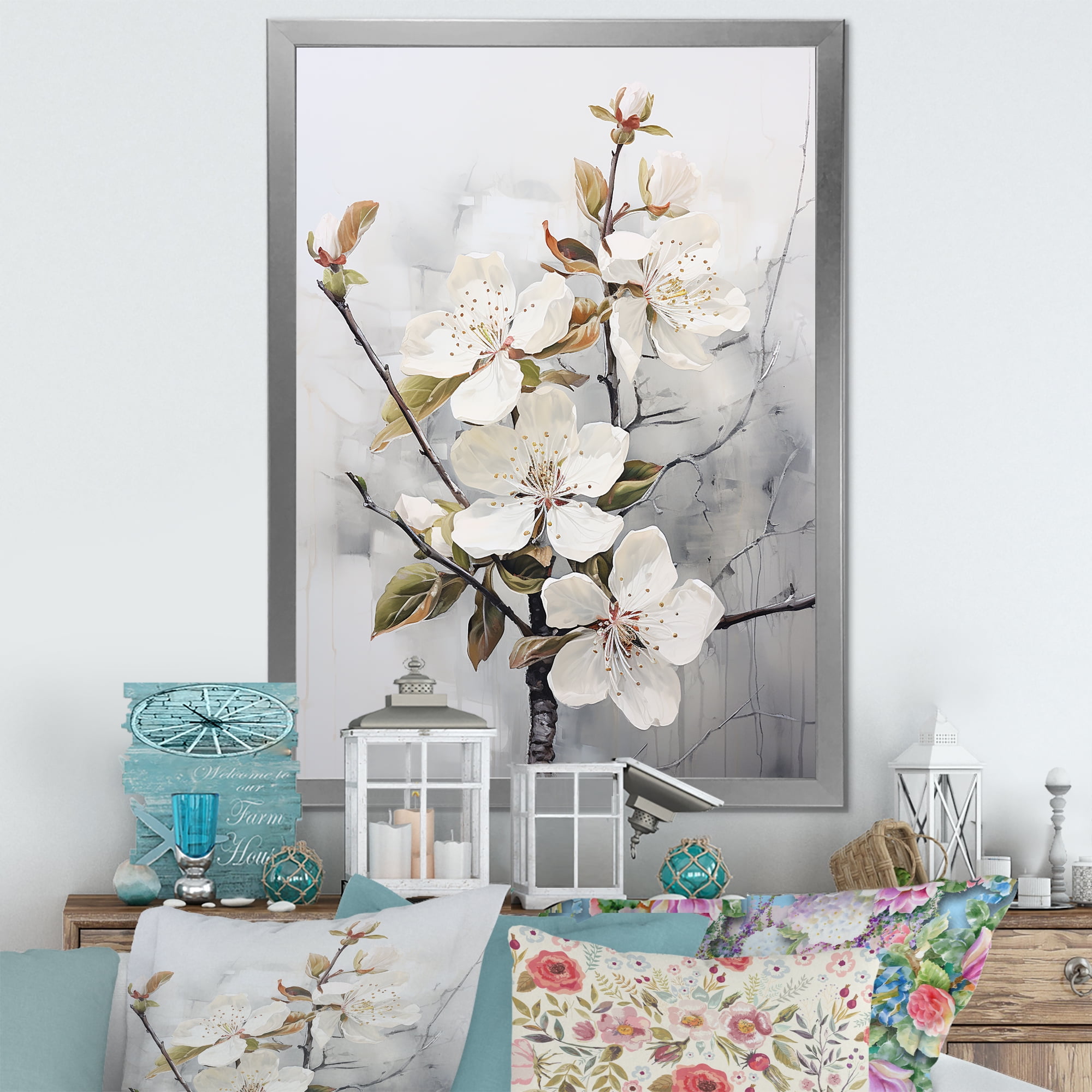Designart "White Apple Blossom Minimalism I" Apple Blossom Picture ...