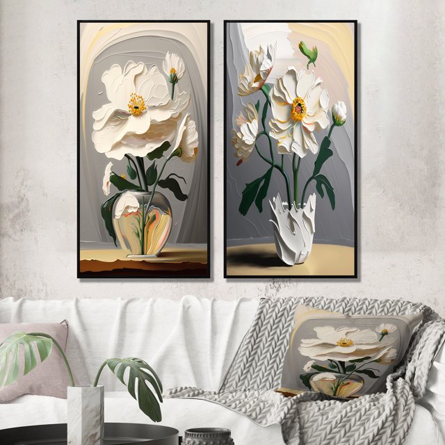 Designart "White Blossoming Flowers Still Life I" Floral Framed Wall ...