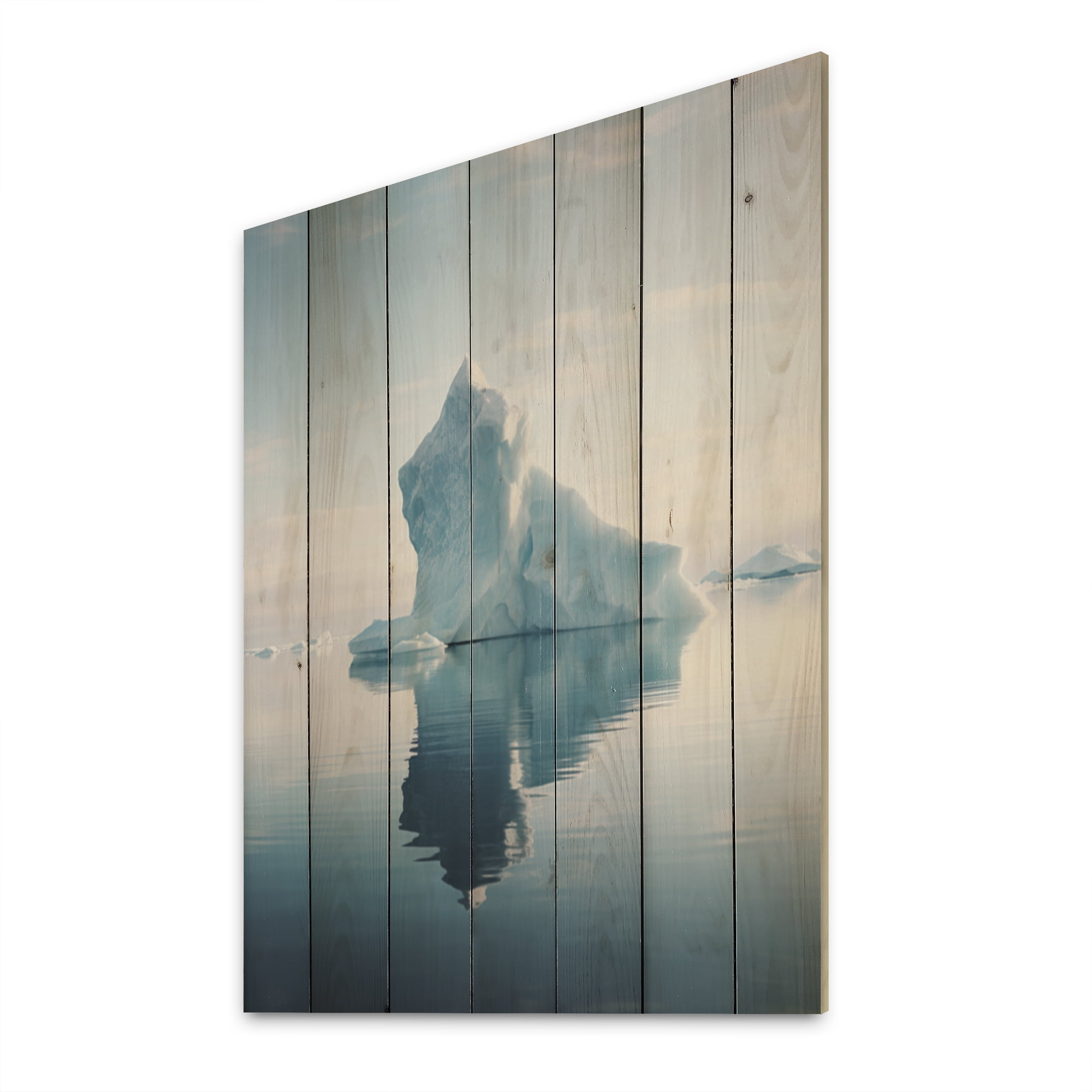 Designart "White Blue Iceberg Sublime Reflections" Nautical & Beach Print on Natural Pine Wood ...