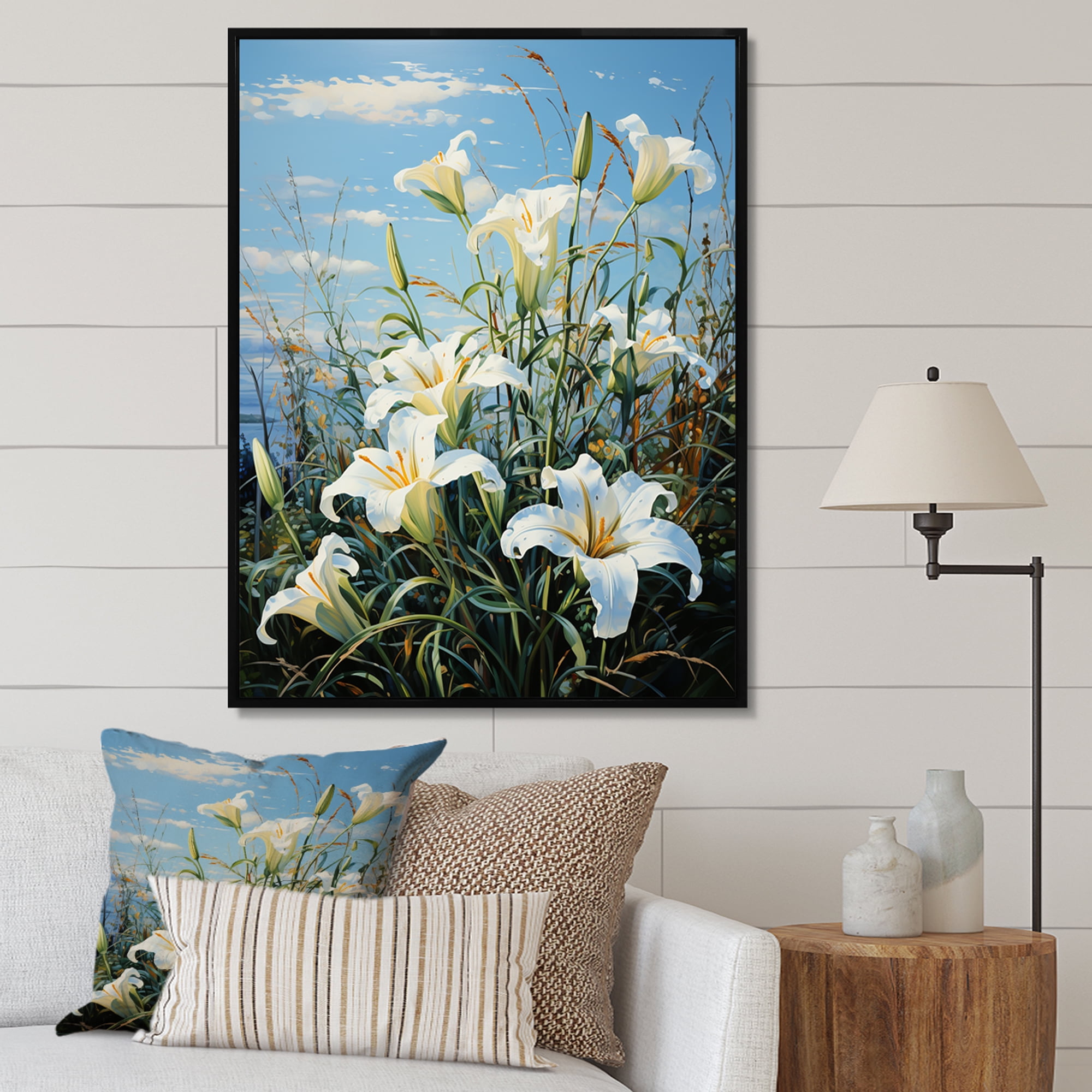 Designart "White Blue Lilies landscape Pointillism Dot" Floral Floater ...