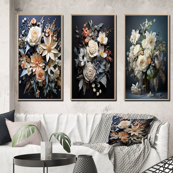 Designart "White Blue Seasonal Flowers Seasonal gracefulness IV" Floral ...