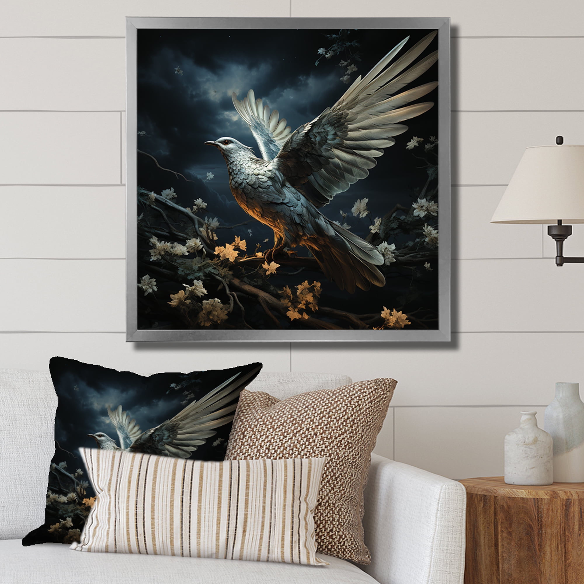 Designart "White Dove in Blue Harmony" Animals Framed Wall Art Decor ...