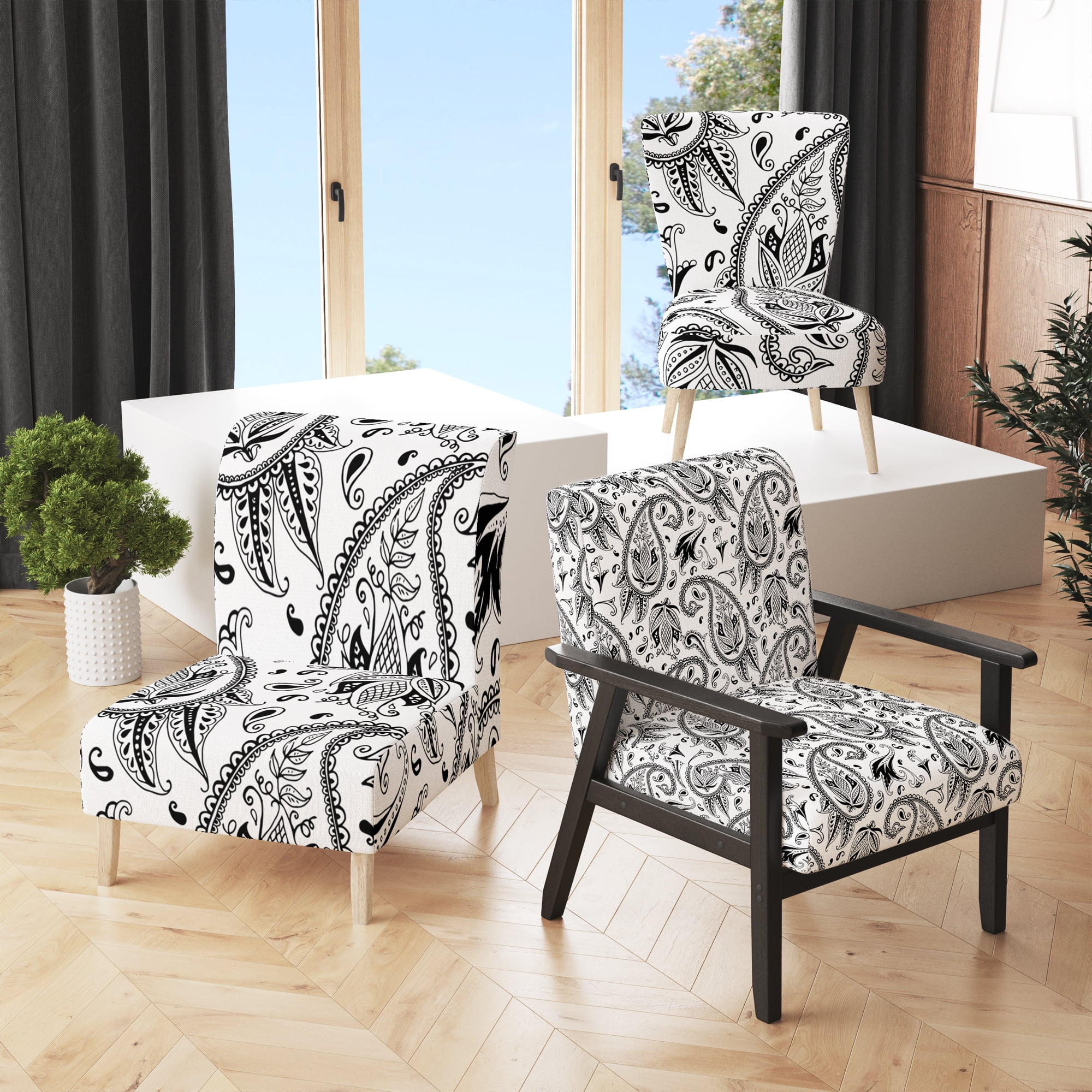 Designart "White Floral Paisley" Upholstered Patterned Accent Chair and ...
