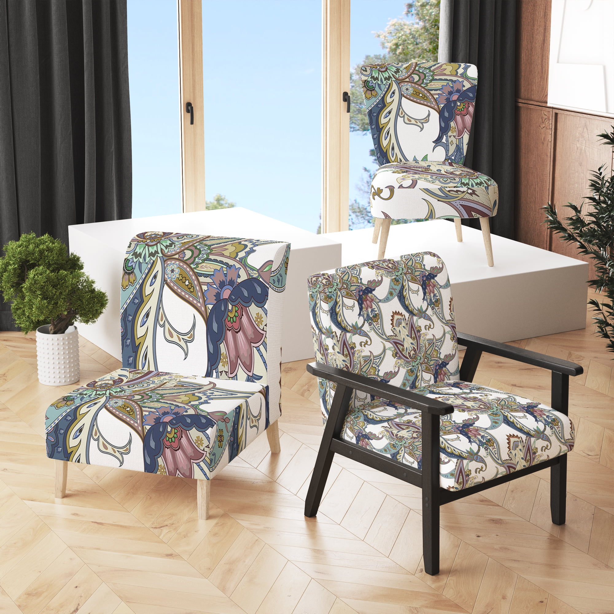 Designart "White Floral Paisley" Upholstered Patterned Accent Chair and ...