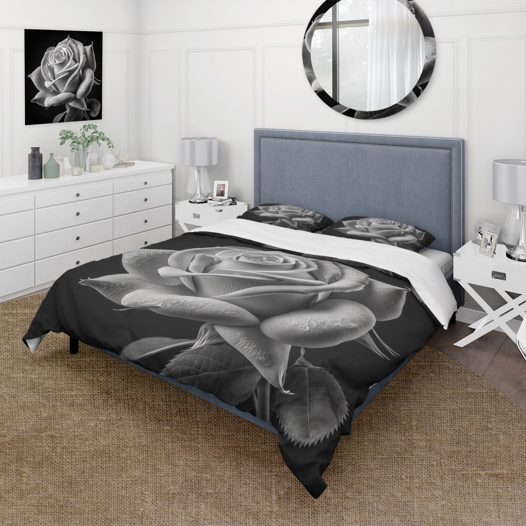 Designart "White Rose Blossom on Black I" Floral Rose Bedding Covert ...