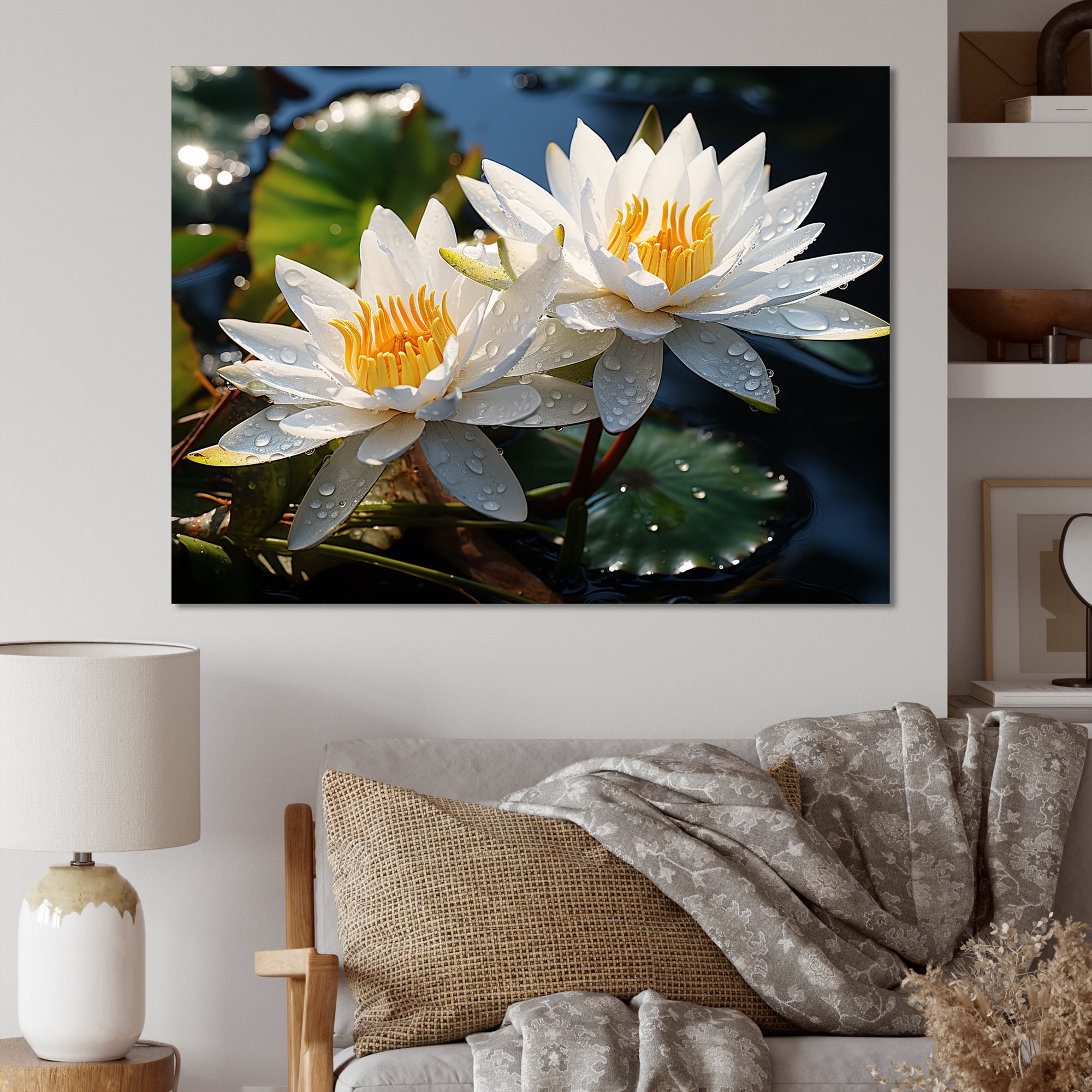 Designart "White Yellow Lotus landscape IV" Floral Wall Art Living Room ...