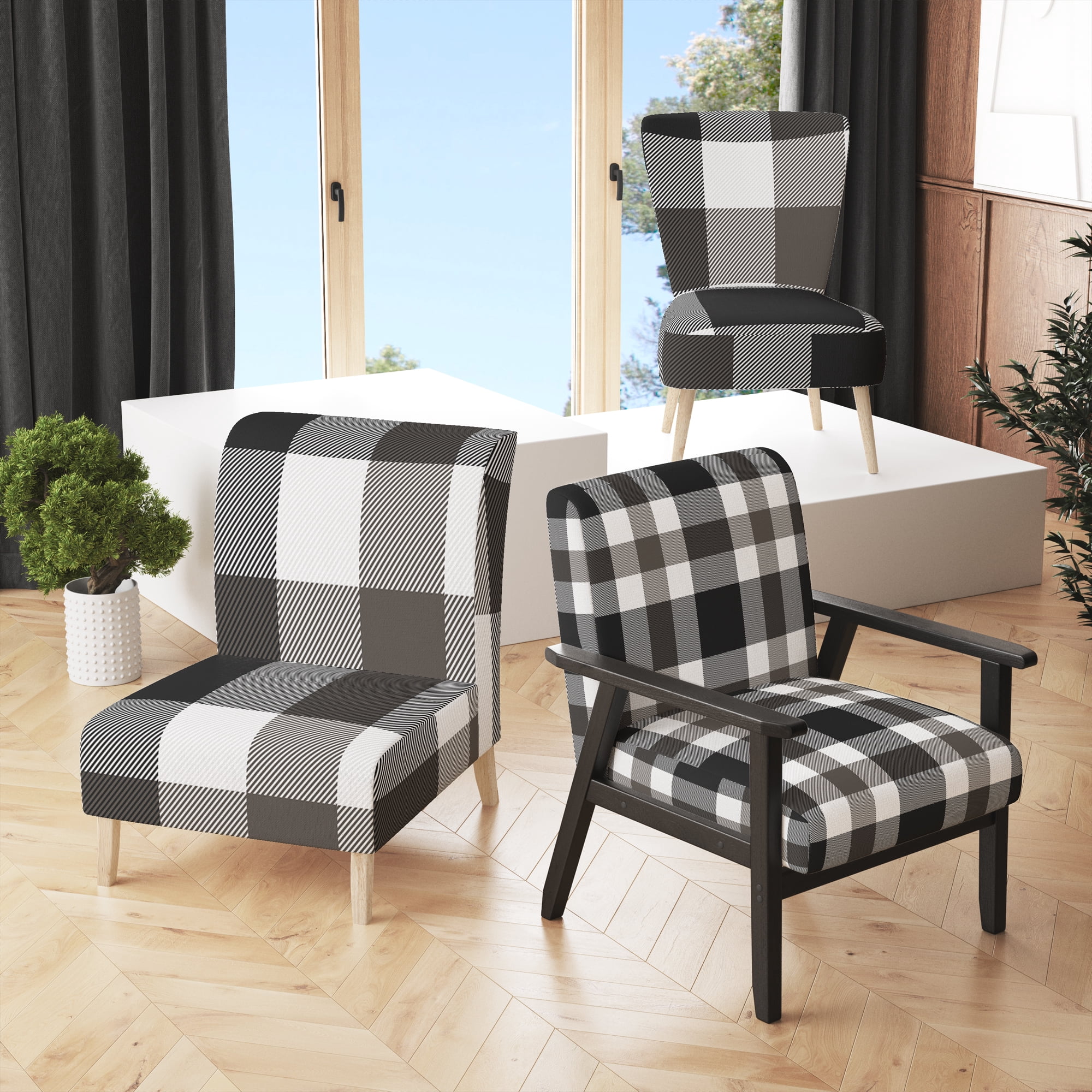 Designart "White and Black Checked Tartan" Upholstered Patterned Accent ...