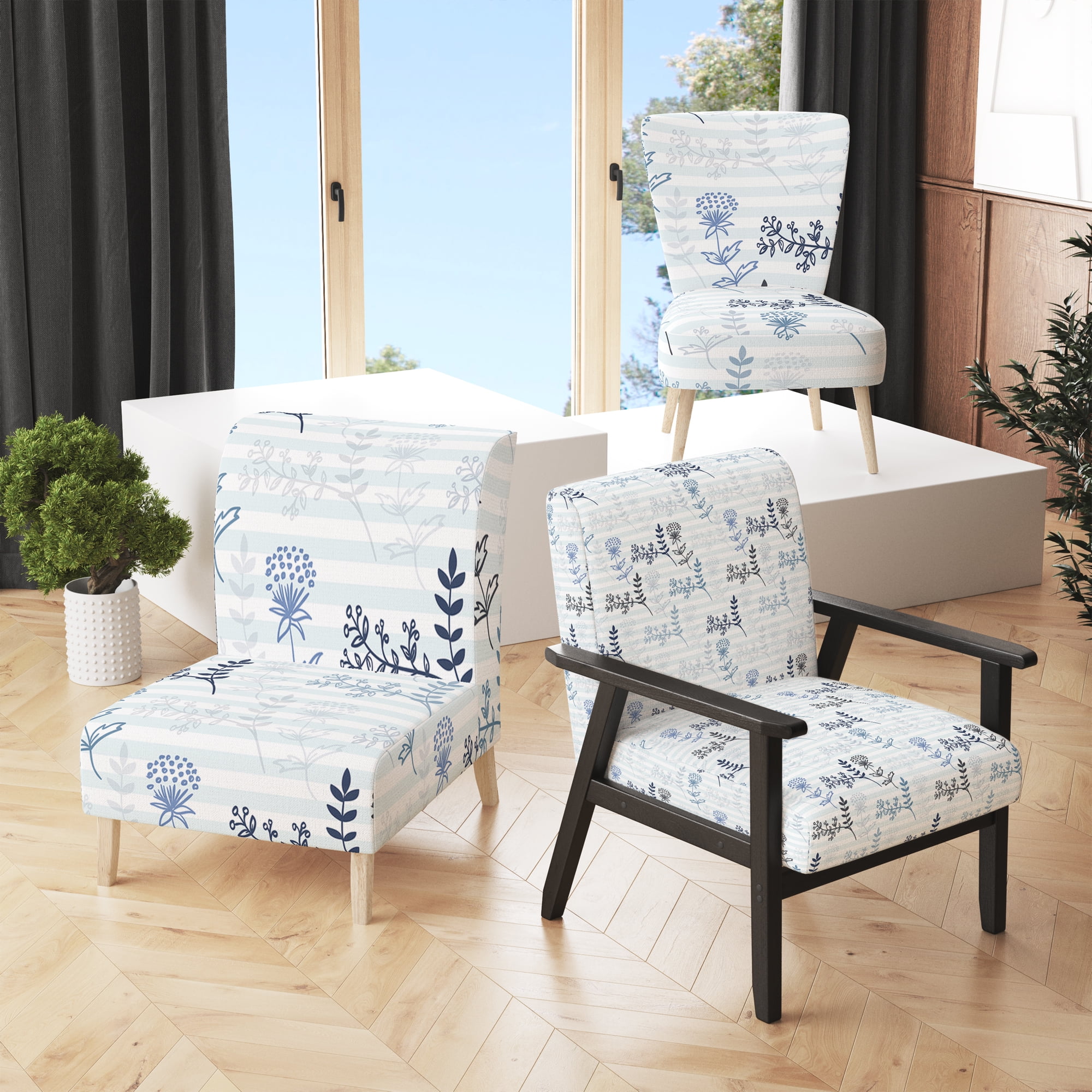 Designart "White and Blue Striped Pattern" Upholstered Patterned Accent ...