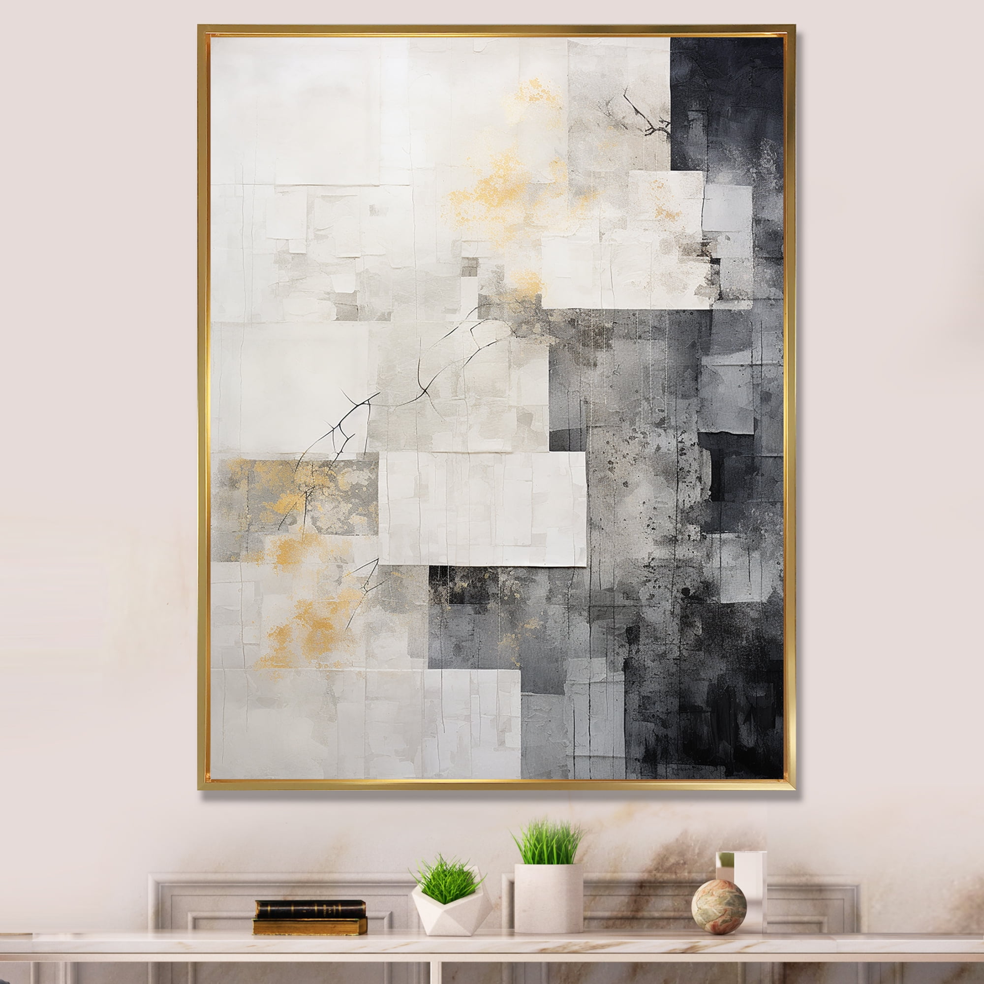 Designart "White and Grey Geometric Abstract Tile I" Abstract Framed ...